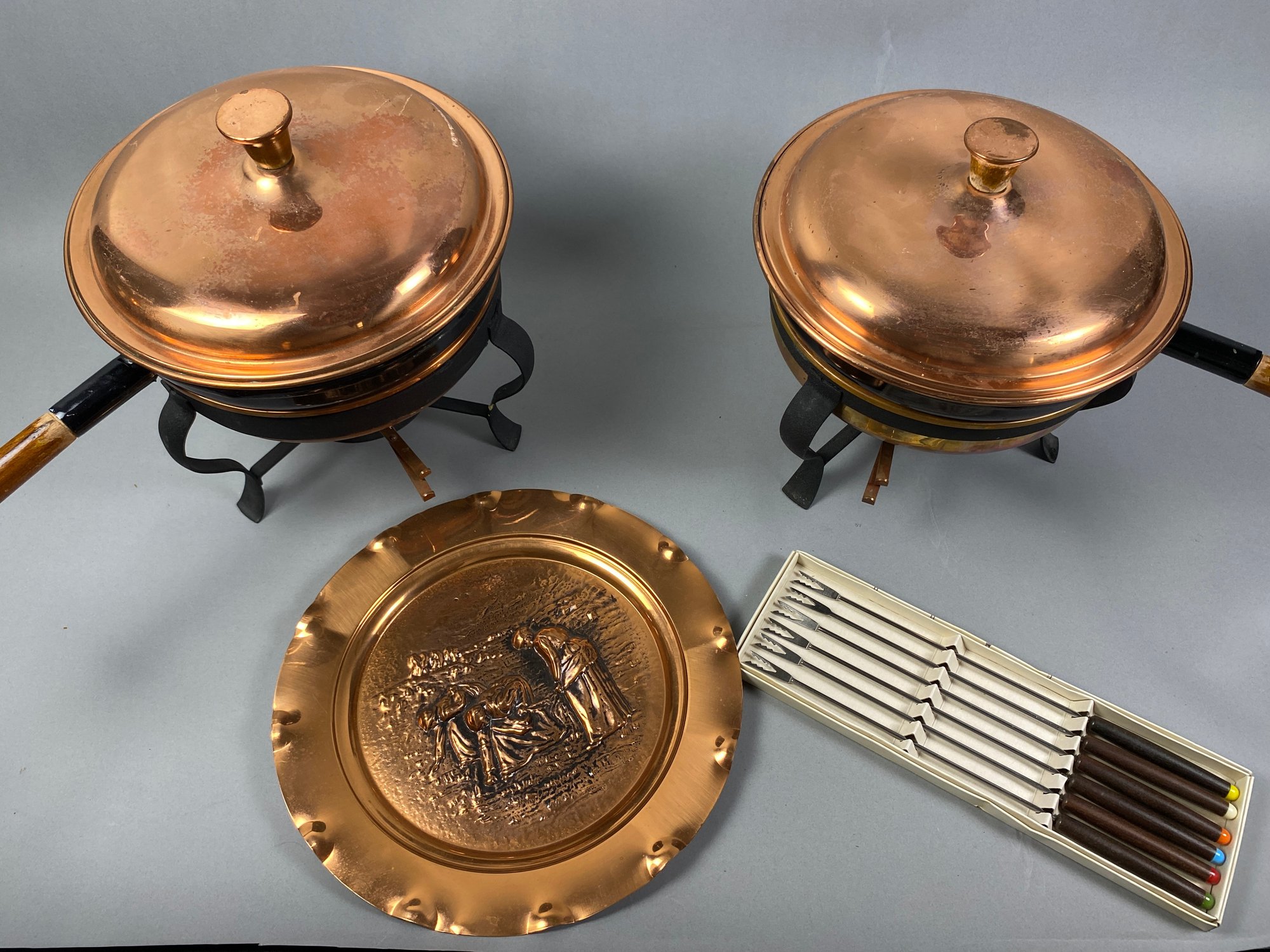 Pair Of Midcentury Italian Copper Fondue Pots Or Chafing Dishes, Fondue ...