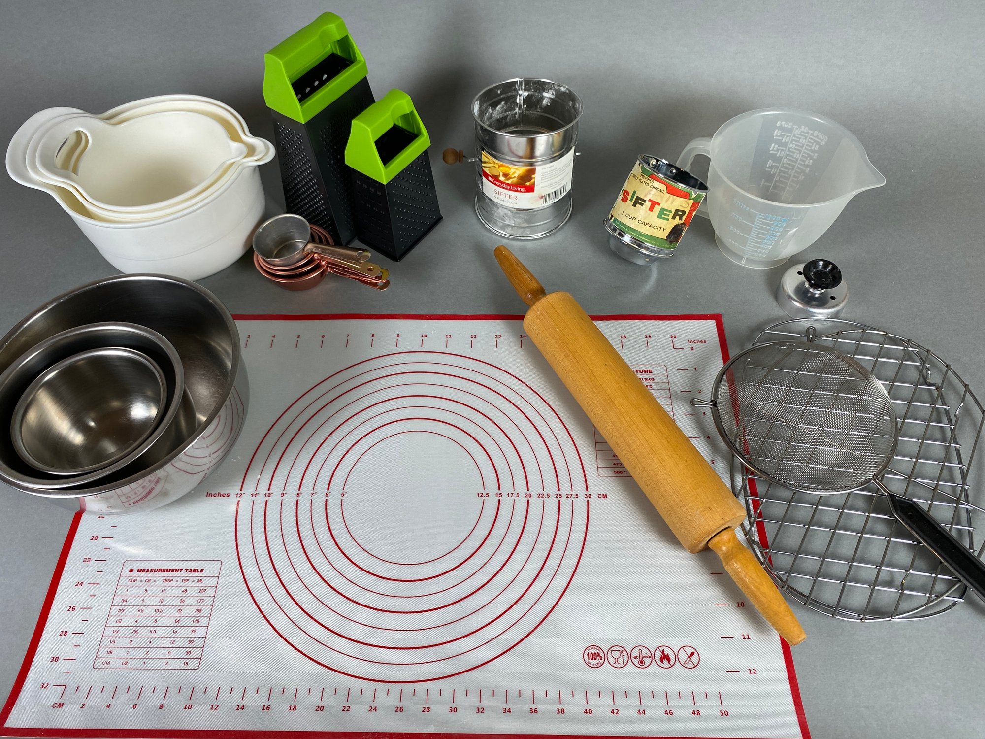 Useful Kitchen Baking Items Including A Wooden Rolling Pin, Stainless ...