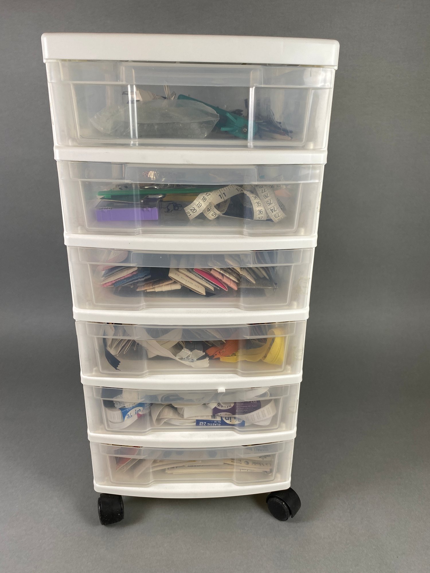 Five Drawer Rolling Storage Cart Full Of Sewing Notions Including ...