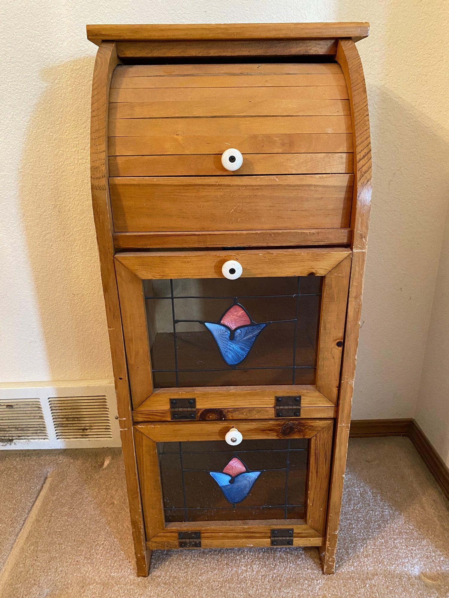 Folk Art Kitchen Potato Onion Storage Cabinet Or Bin With Stained Glass ...