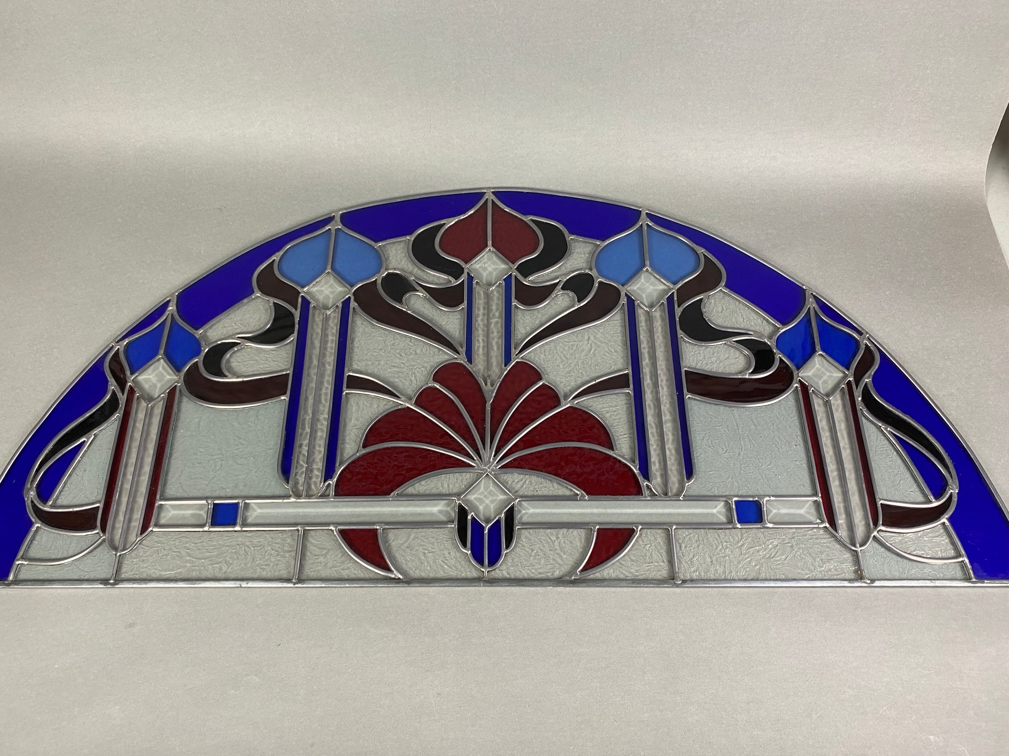 Beautiful Piece Of Half Circle Stained Glass In Blues & Burgundy #7352 ...