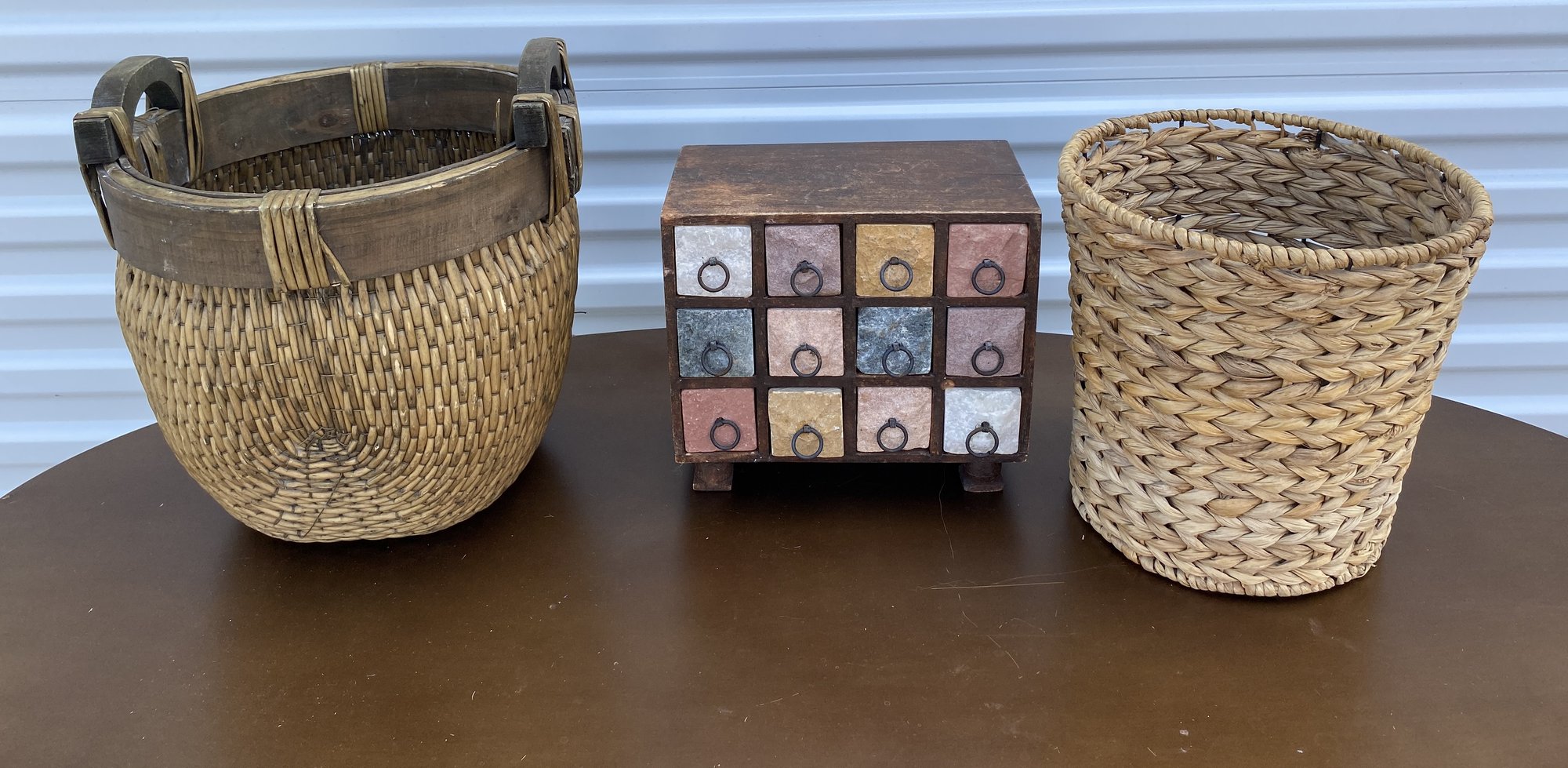 Two Sturdy Baskets & A Small Chest Of Drawers Or Cabinet With Stone ...