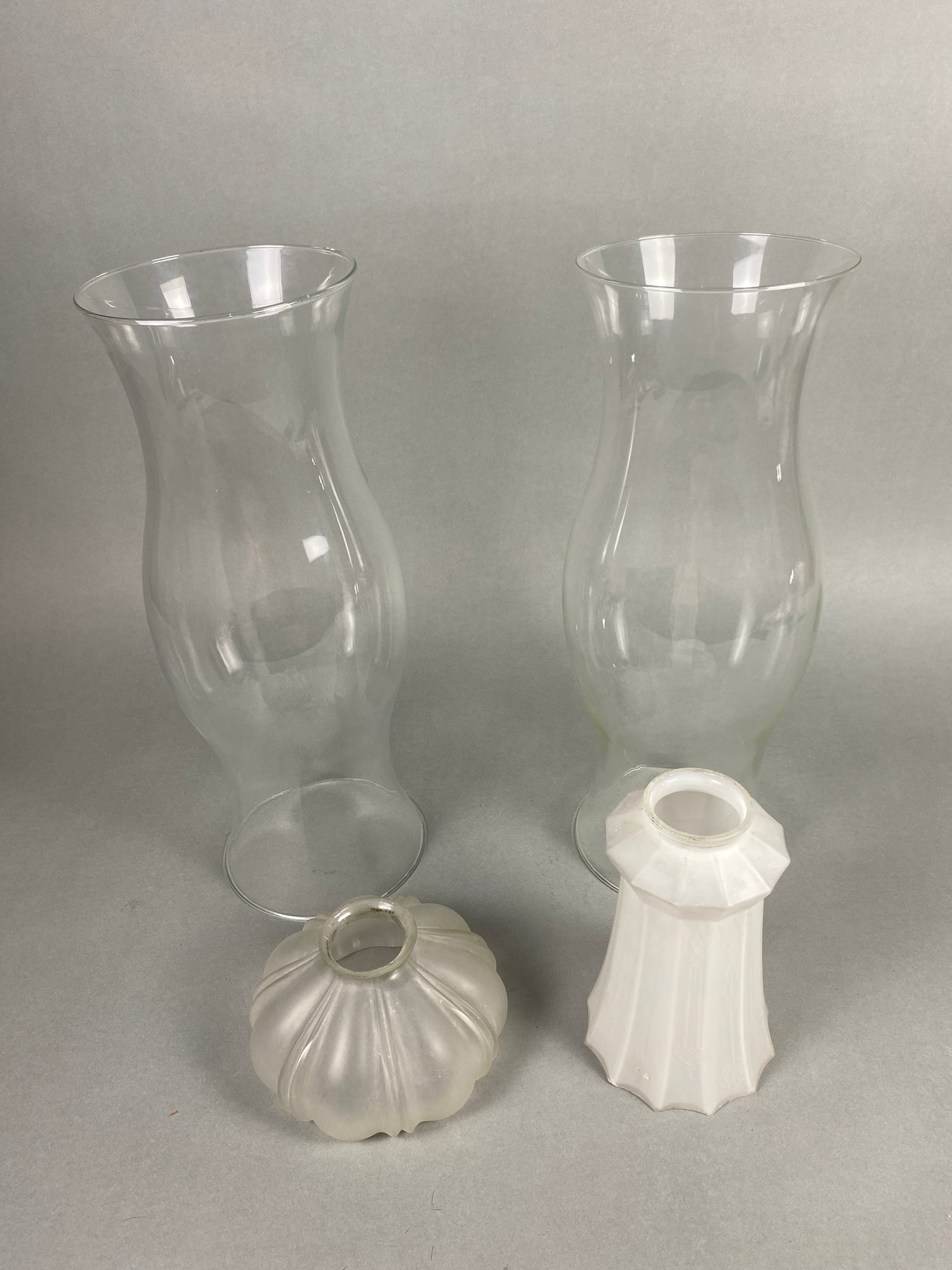 Four Vintage Glass Lamp Globes Including Two Large Hurricane Globes ...