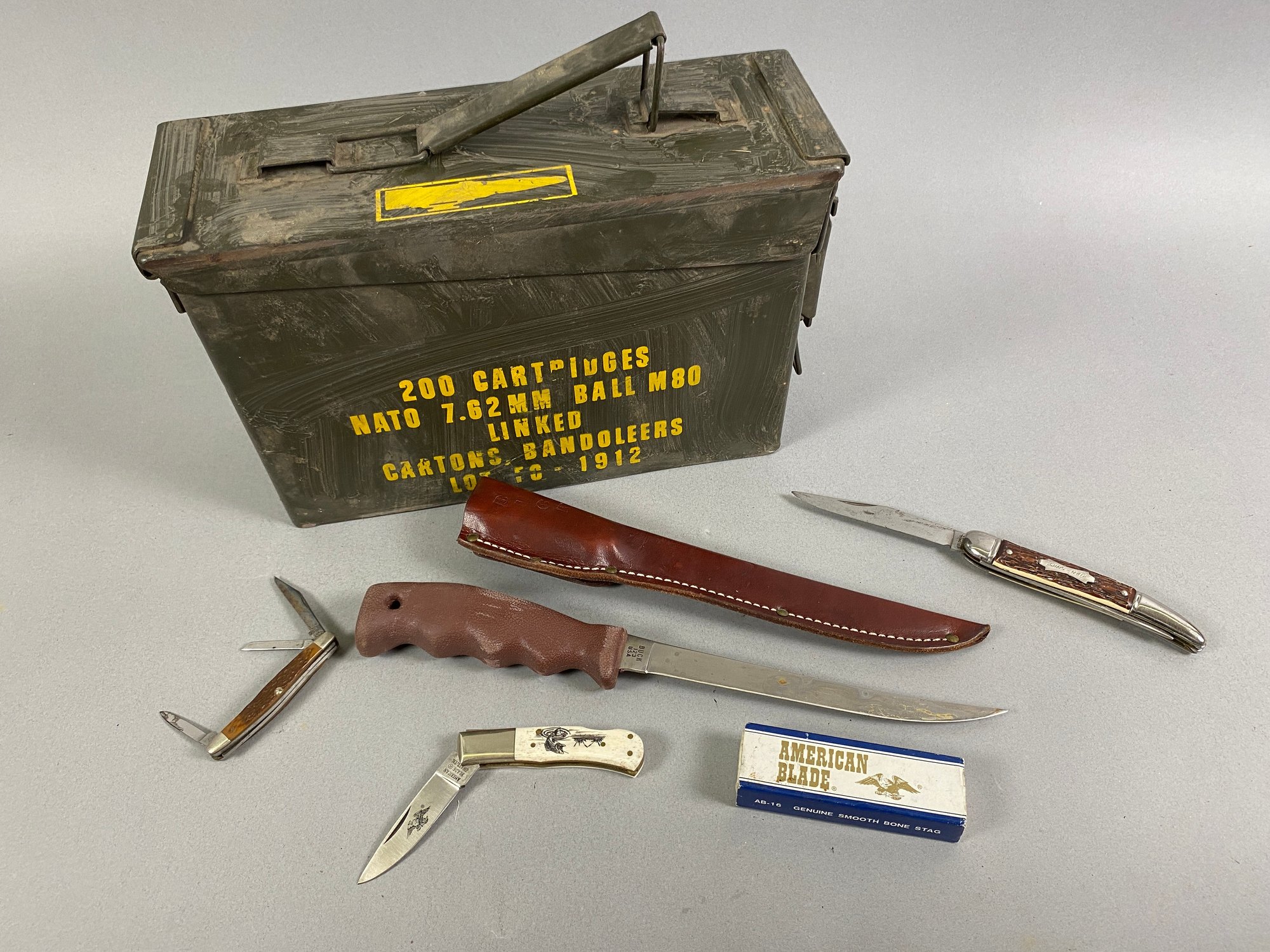 Military Cartridge Box Or Canister & Various Knives Including A Buck ...