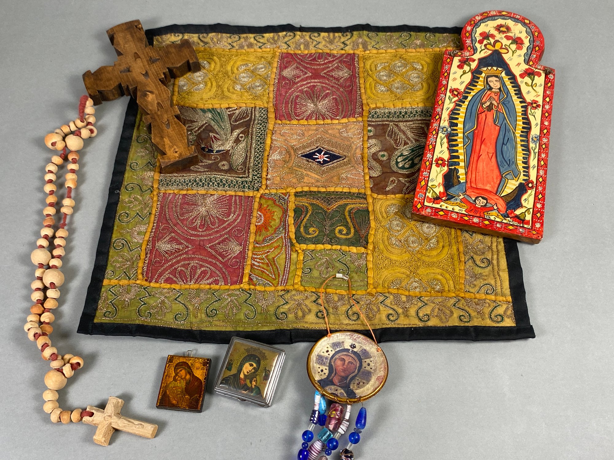 Lot Of Souvenir Religious Items Including A Clay Rosary & Wooden Cross ...