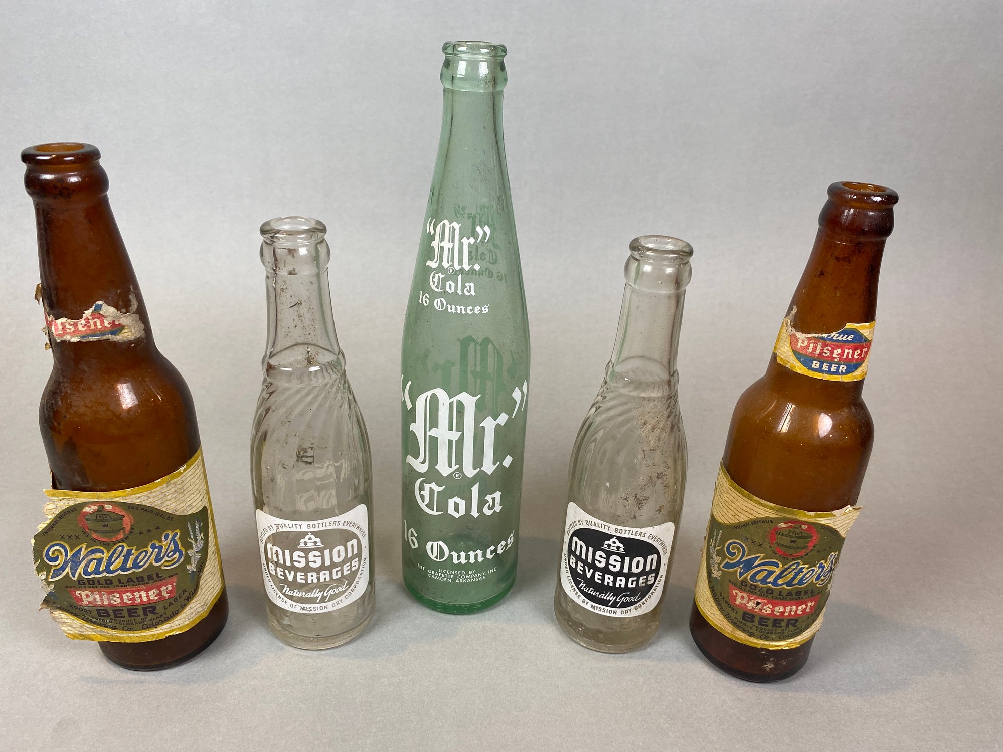 Five Vintage Bottles Including Mr Cola, Mission Beverage & Walter's ...