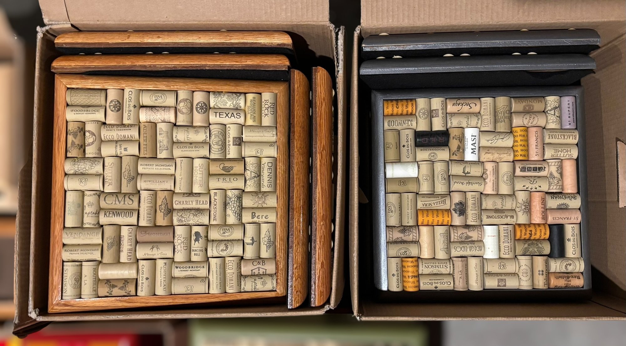 Large Assortment Of Framed Colored & Standard Wine Cork Trivets W ...