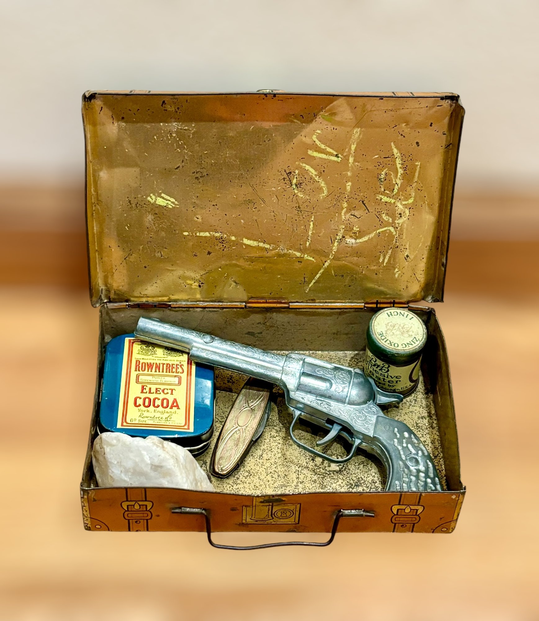 Tiny Vintage Set W/ Jack & Jill Box, Imposter Gun, Tin Containers, & A ...
