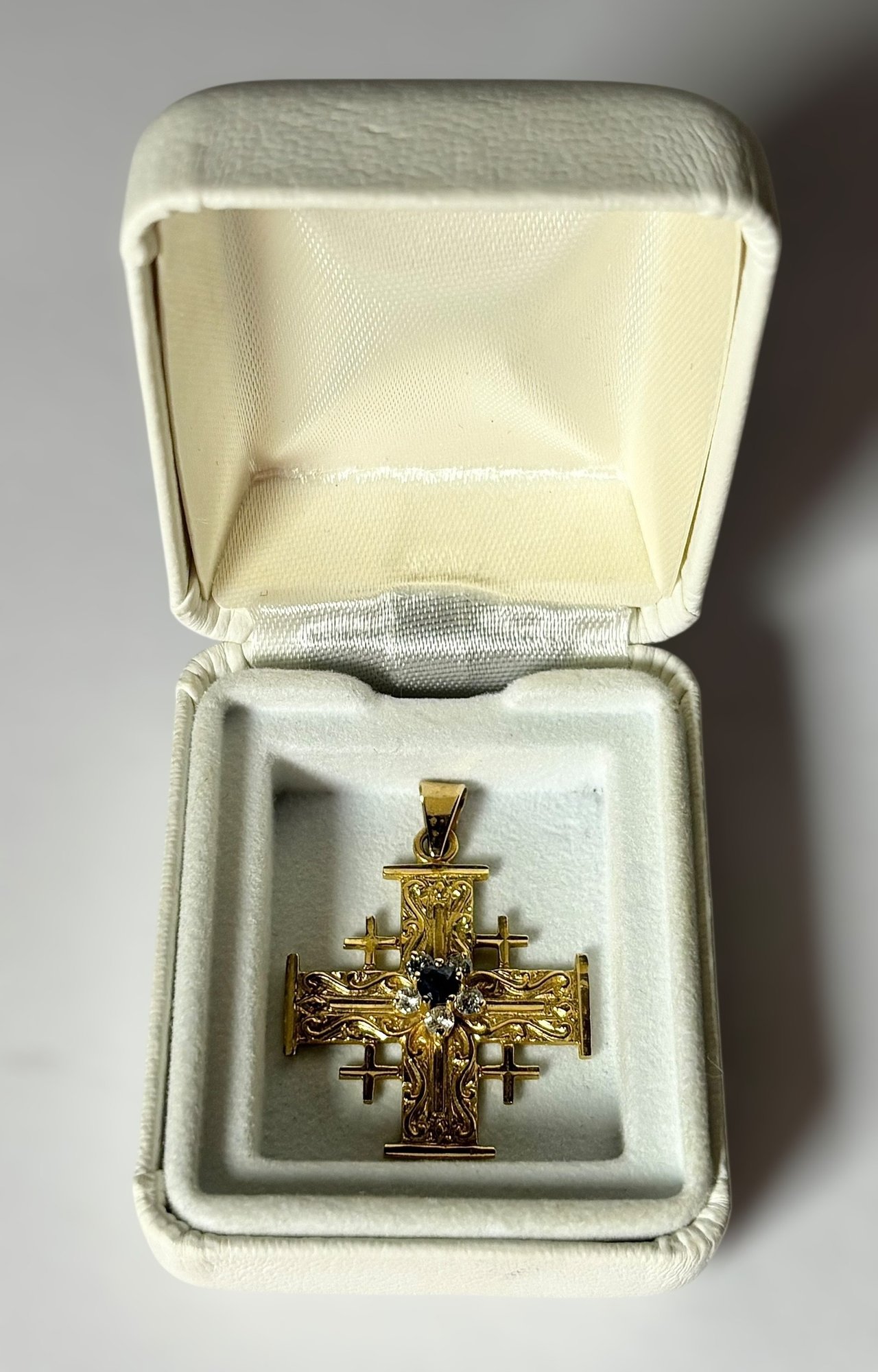 Wonderful 14k Gold Jerusalem Cross Pendant W/ Sapphire & Diamond Jewels ...