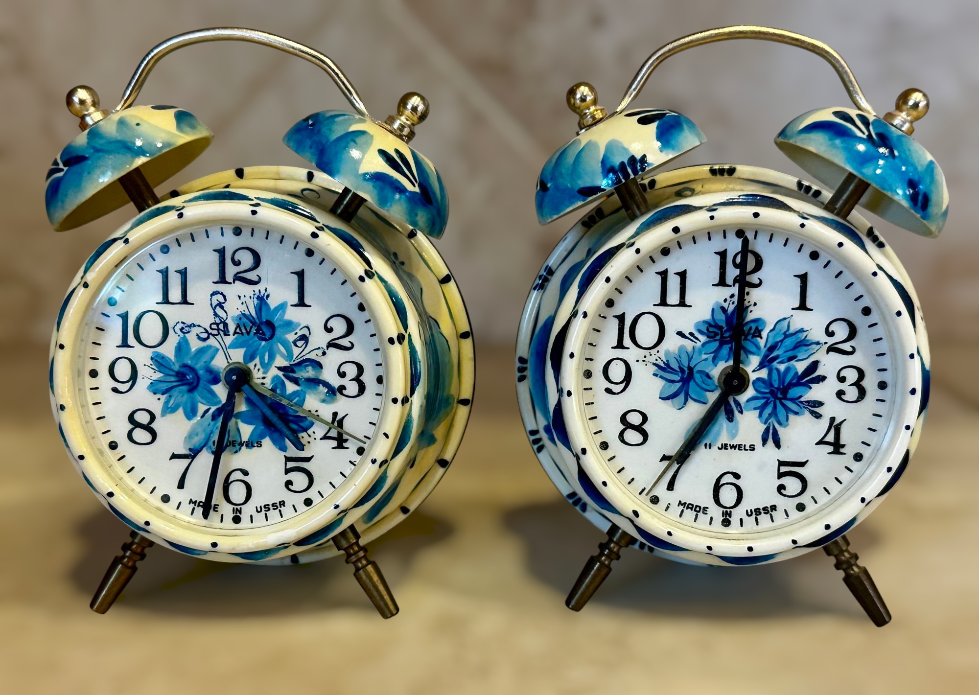 Rare Hand Painted SLAVA 11 Jewels USSR Floral Alarm Bell Clocks #19762 ...
