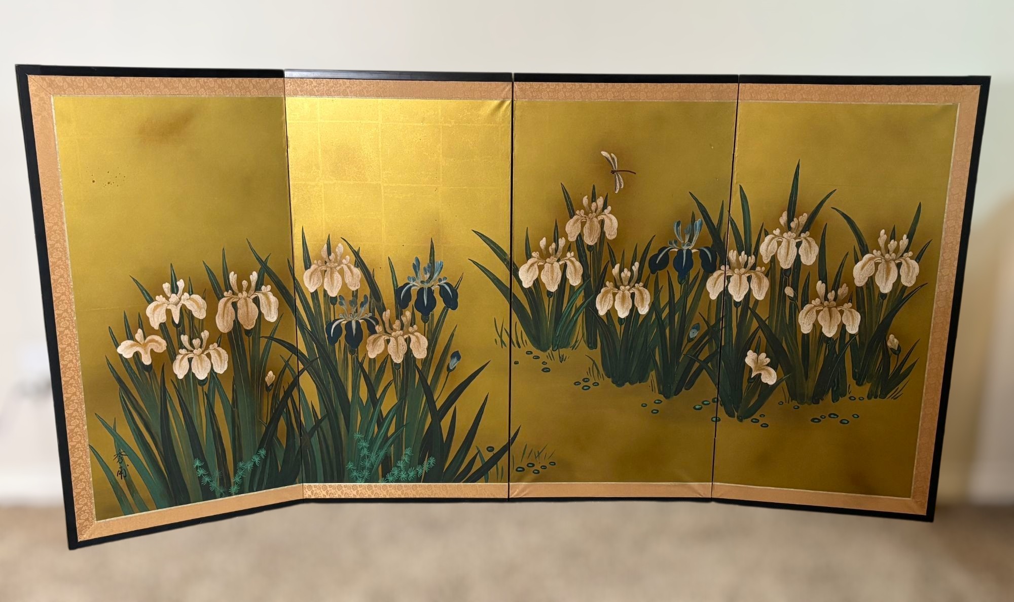 Hand Painted Iris Floral Japanese 4 Panel Screen With Reversible Lace ...