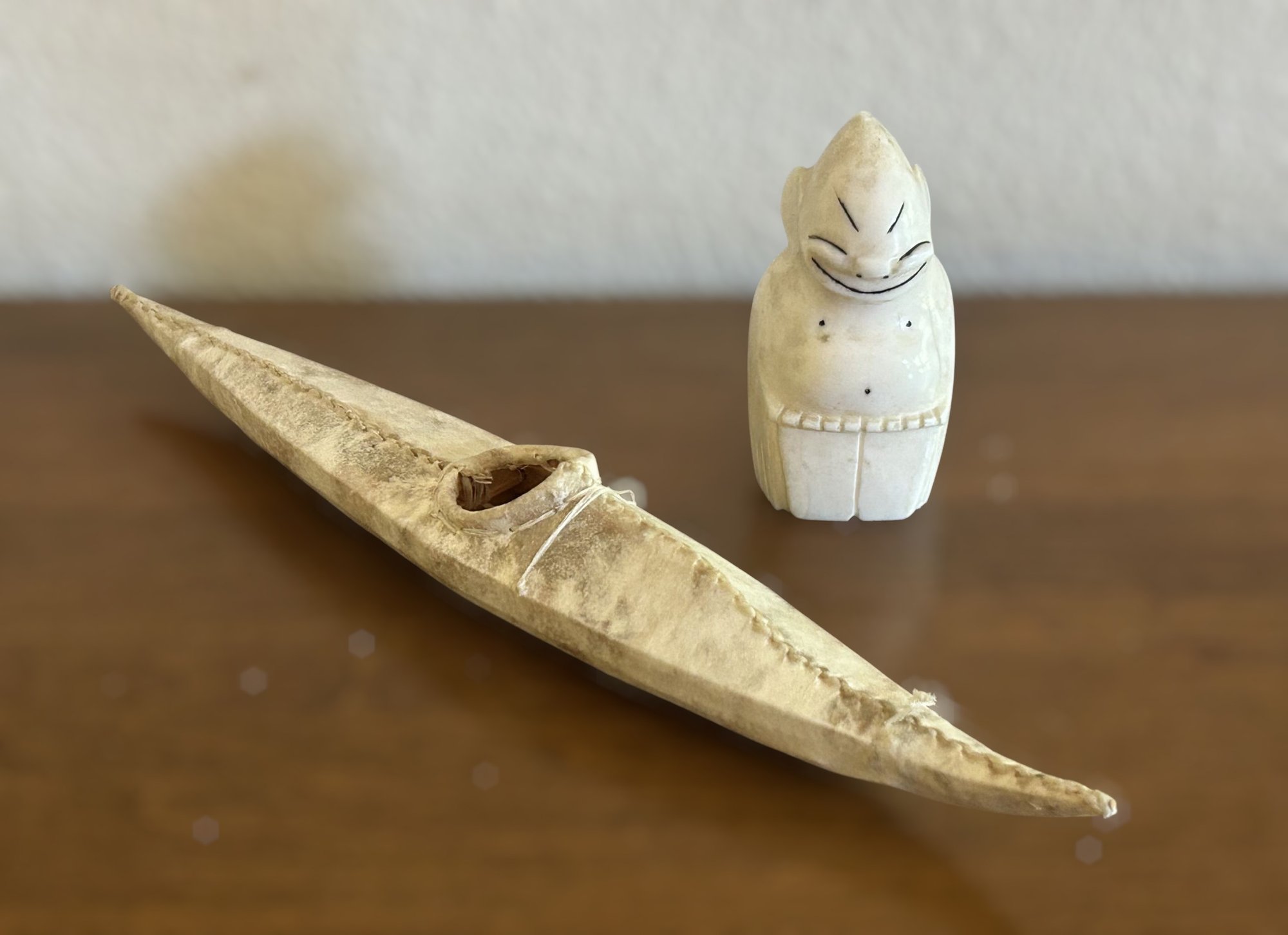 Hand Crafted Ivory Stone Eskimo Figure And Stretched Rawhide Inuit ...