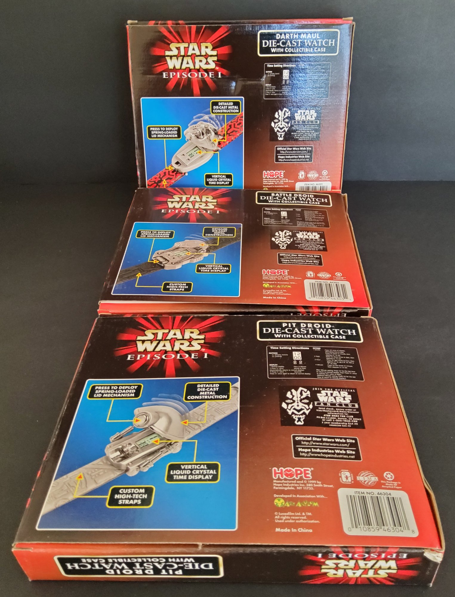 Three (3) Star Wars Episode 1 Die-cast Watches, One (1) Darth Maul, One ...