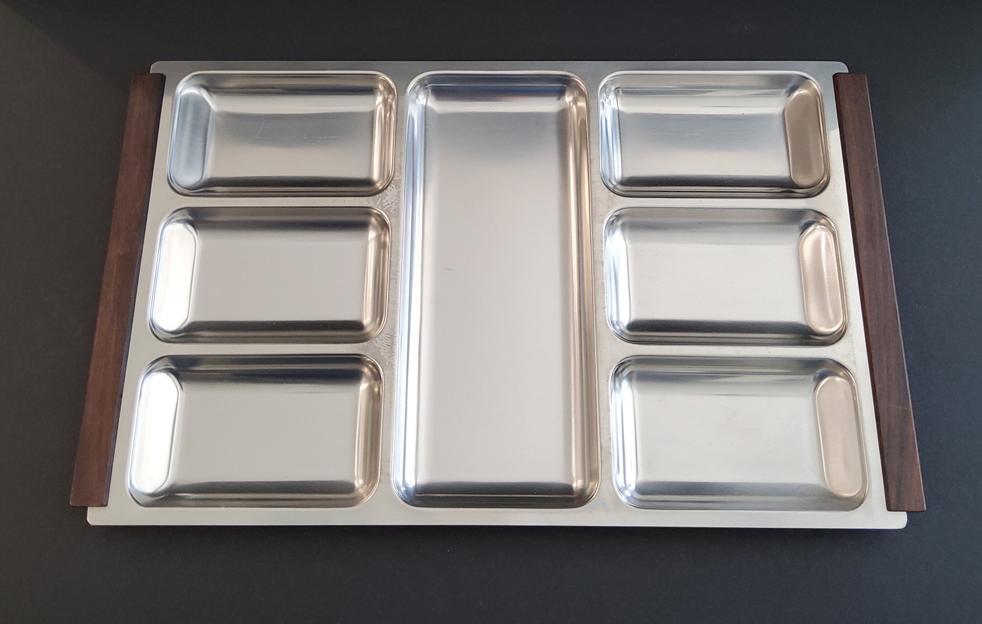 MCM KALMAR 7 Section Shallow Serving Tray Stainless Steel W/ Teak Wood ...