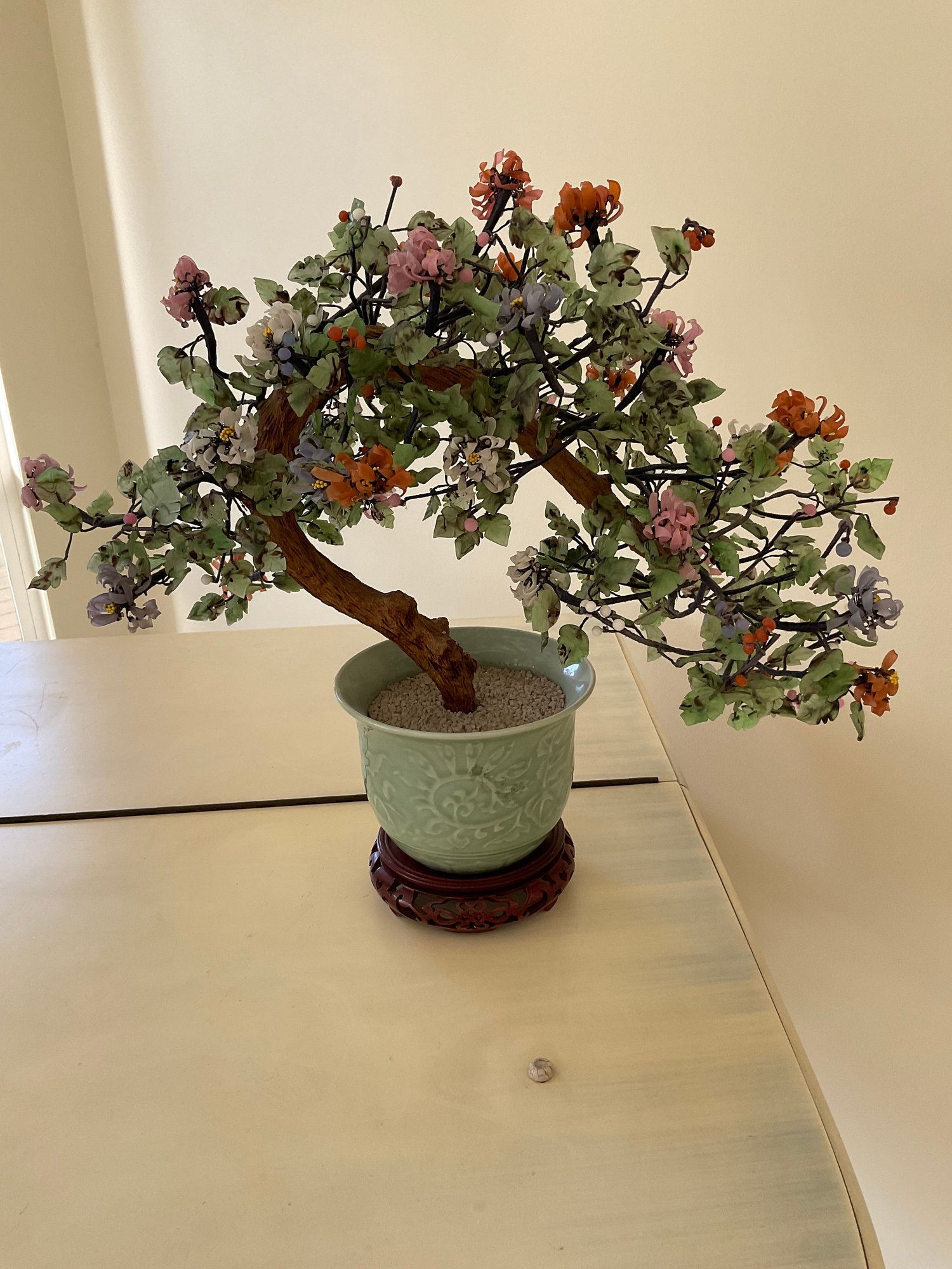 Tabletop Carved Leaf Bonsai Tree In Green Celadon Pot On Wood Stand ...