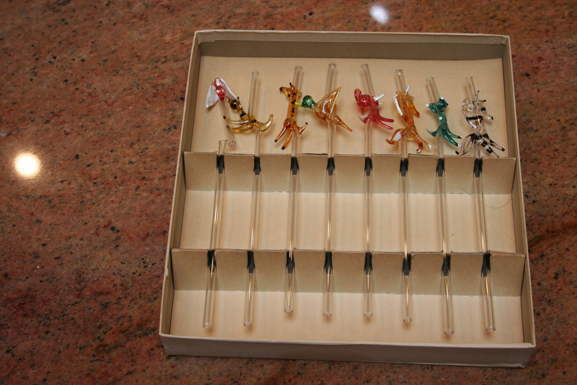 Box Of Eight (8) Vintage Art Glass Animal Drink Stirrers / Swizzle ...