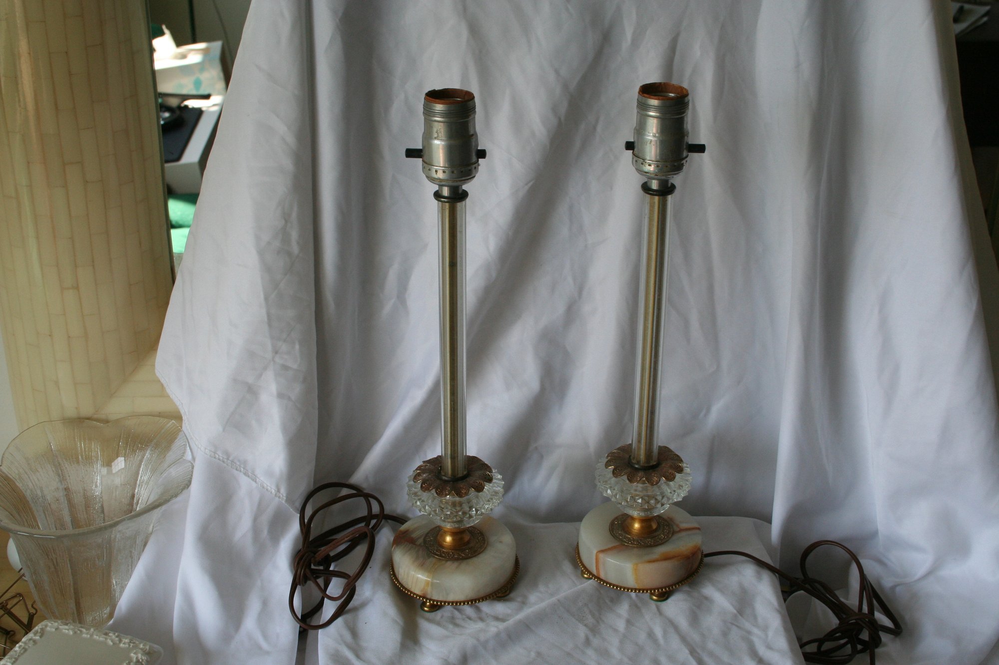 Pair (2) Of Vintage Brass & Marble Base Crystal Boudier Lamps #1829 | Auctionninja.com