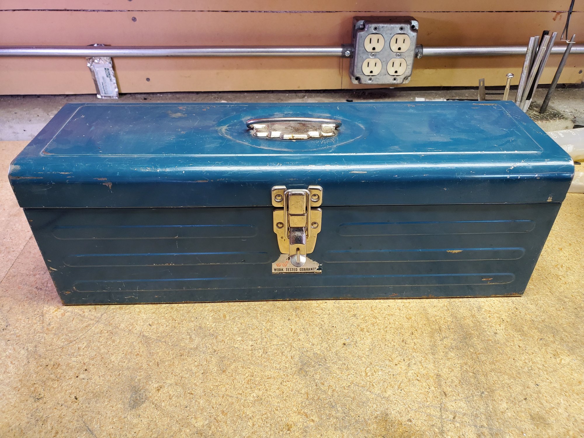 Retro Blue Metal Tool Box Filled With Tools- Wrenches, Staple Gun ...