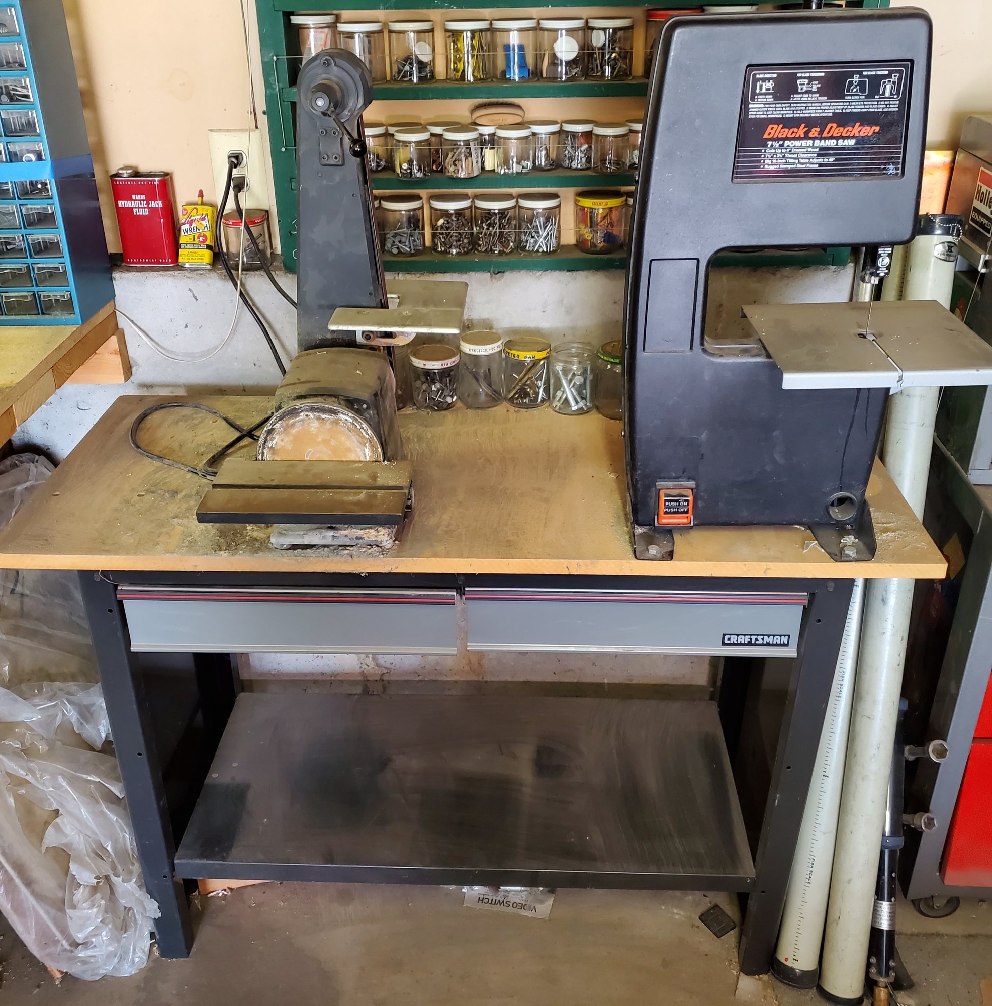 Craftsman Workbench, Belt Disc Grinder, Black And Decker Power Band Saw And Contents Of Drawers ...