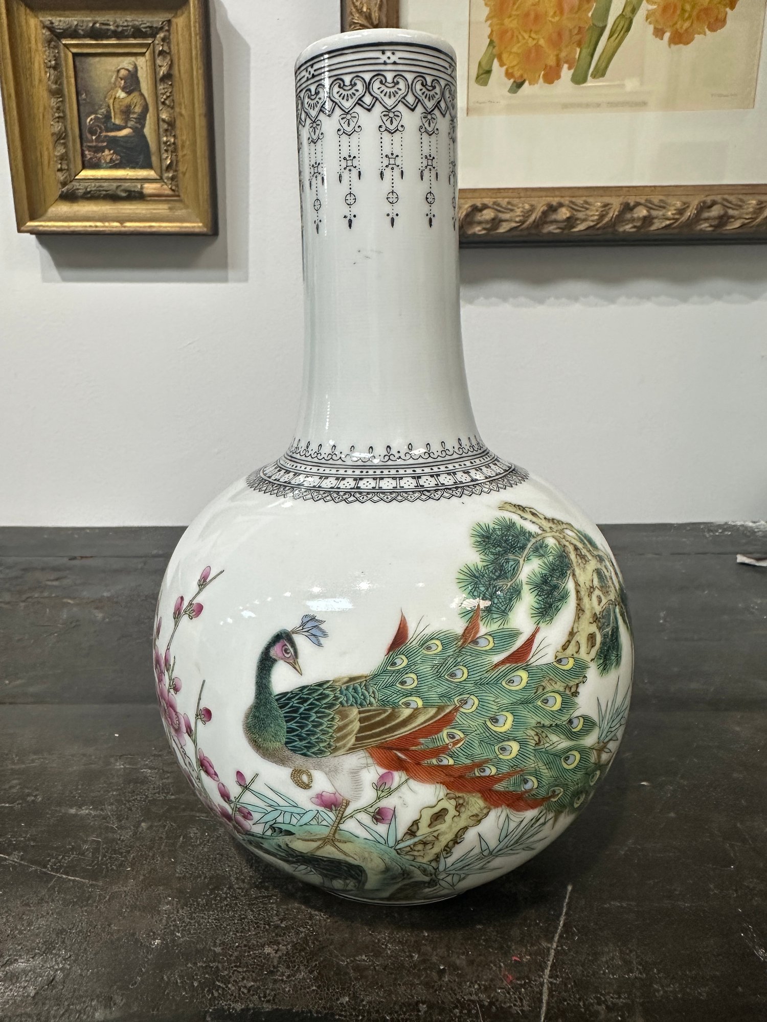 Vase Vintage En Porcelaine Peinte La Main Famille Paon Rose Et Floral ...