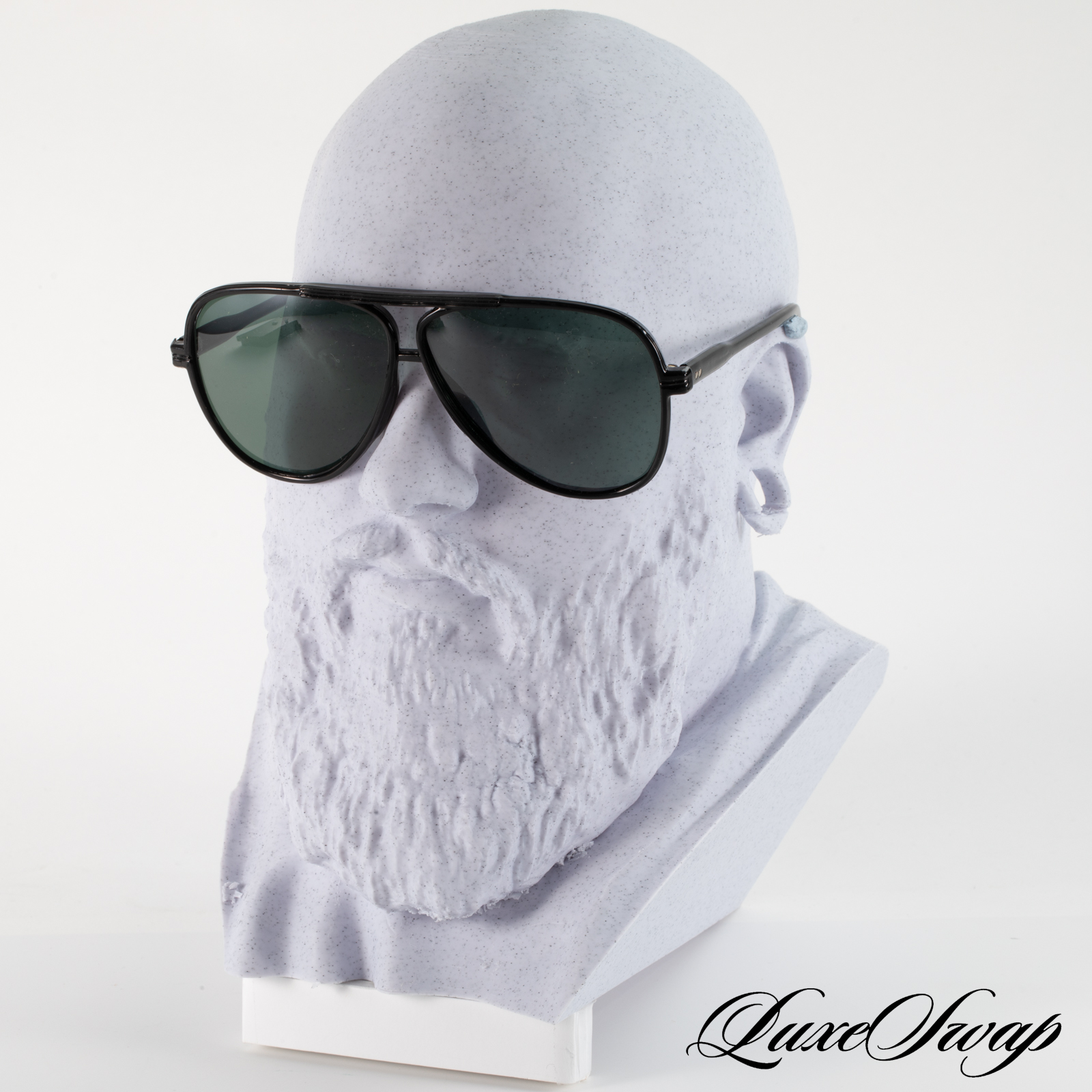 VINTAGE 1980S ROYAL BLACK GLOSS DROOPY LENS AVIATOR PILOT SUNGLASSES ...