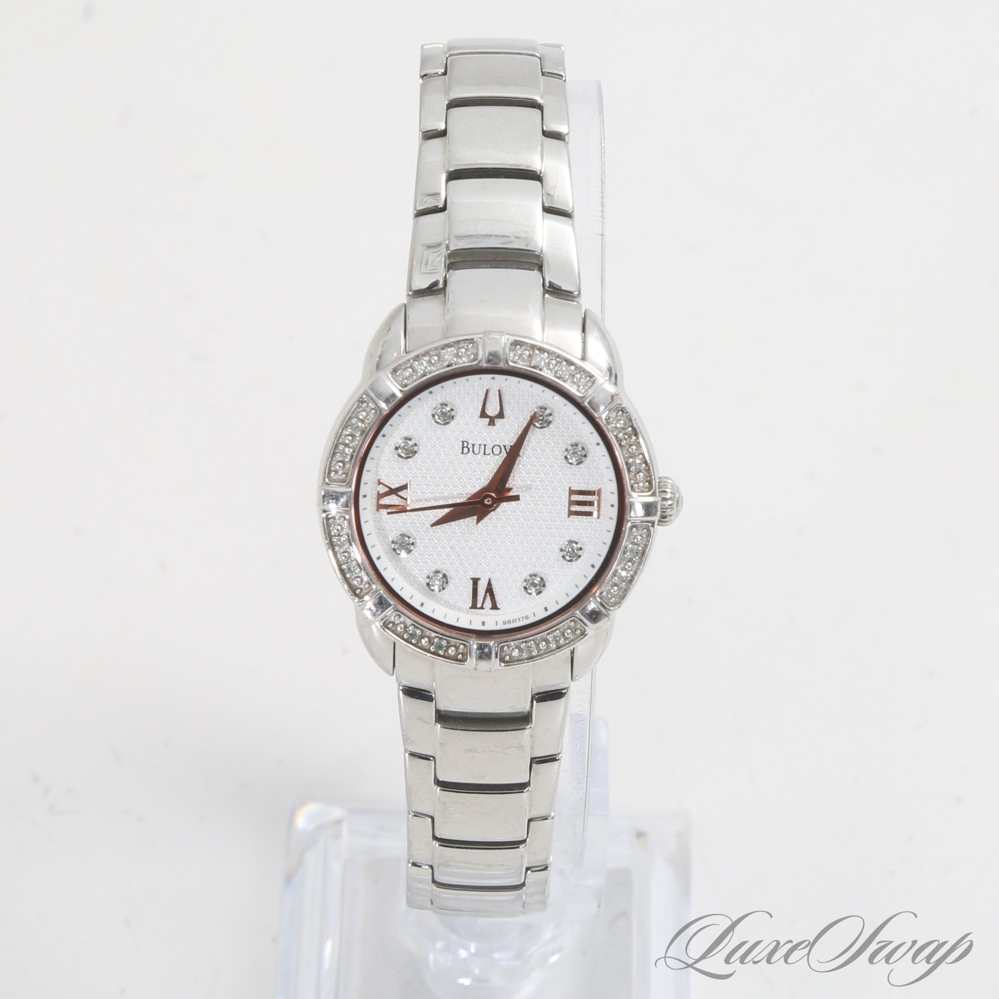 #6 A VERY NICE LADIES BULOVA STAINLESS STEEL WATCH WITH JEWELED BEZEL ...
