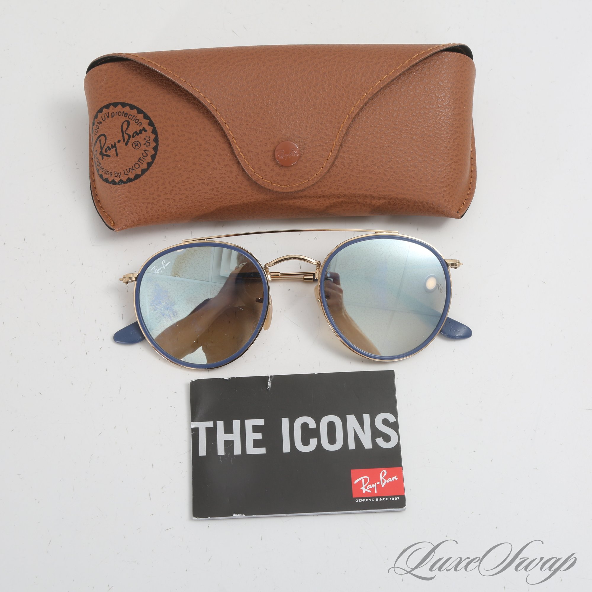 #8 RECENT RAY BAN MADE IN ITALY GOLD METAL BLUE RIMMED DOUBLE BRIDGE ...