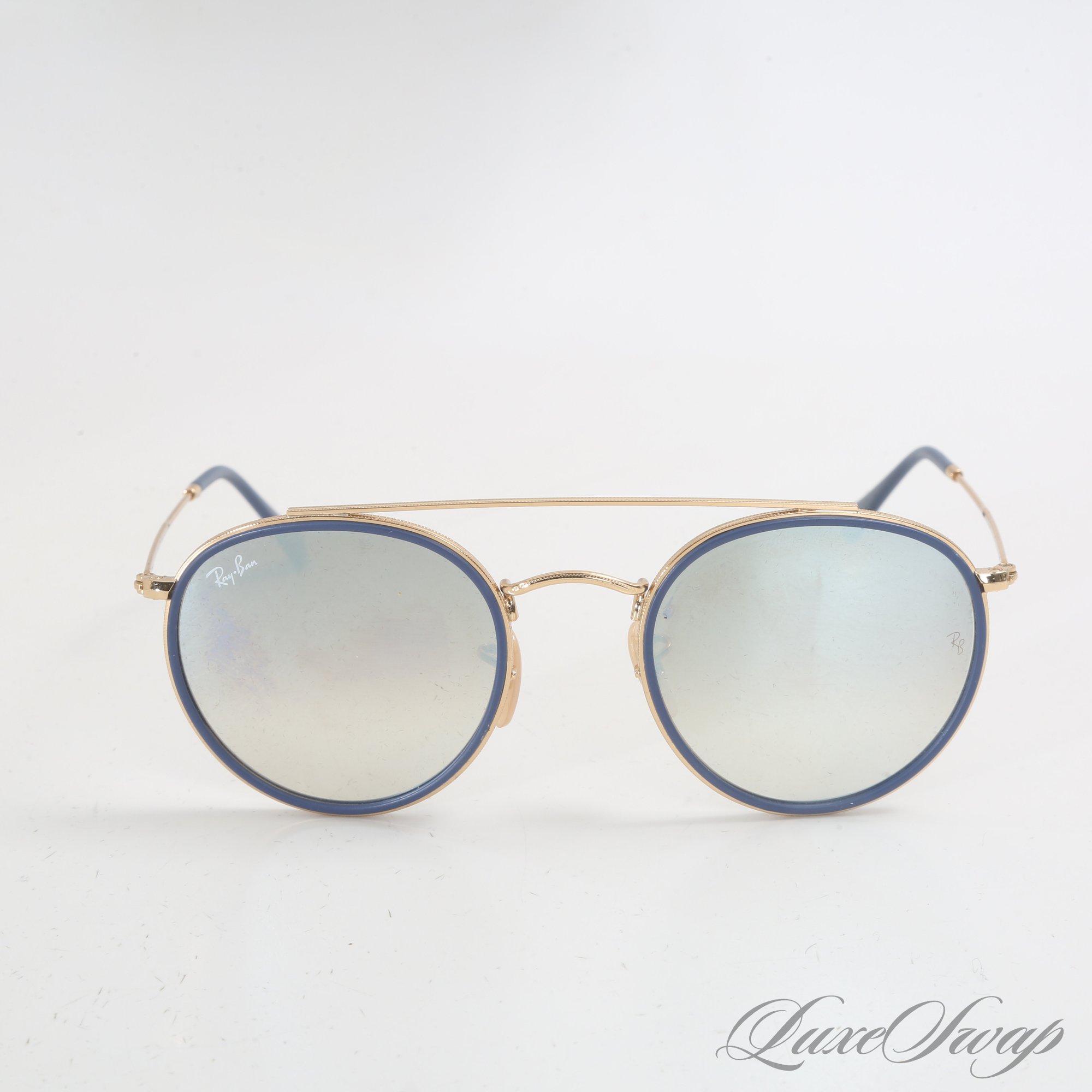 #8 RECENT RAY BAN MADE IN ITALY GOLD METAL BLUE RIMMED DOUBLE BRIDGE ...