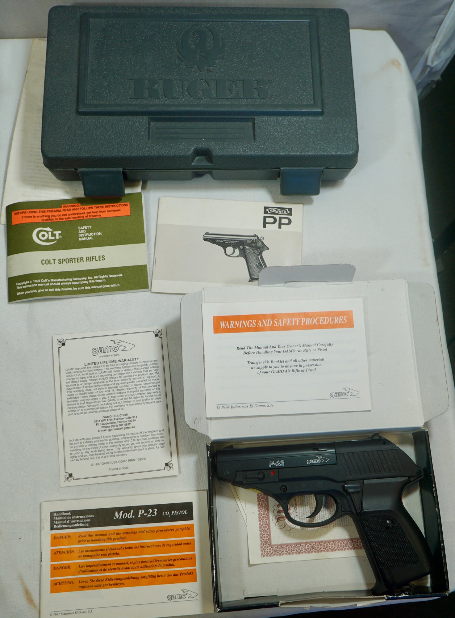 Gamo P- 23 CO2 Pistol, Ruger Gun Case, Colt , Walther Booklets #1462409 ...