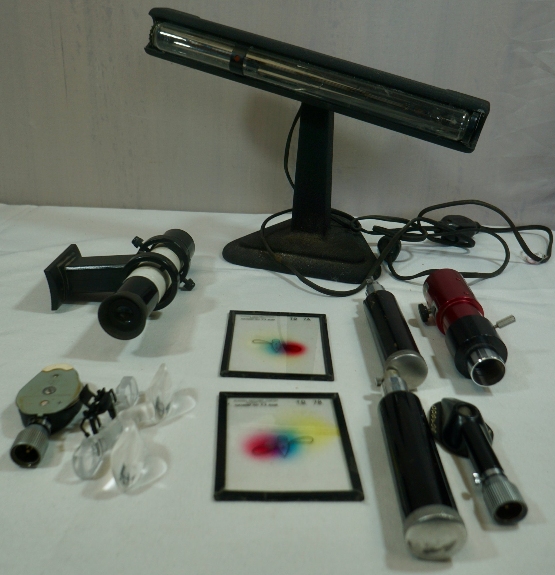 691- Lot Of 10 Optical Items, Lens, Lights, Telescope Eyepiece, Bausch ...