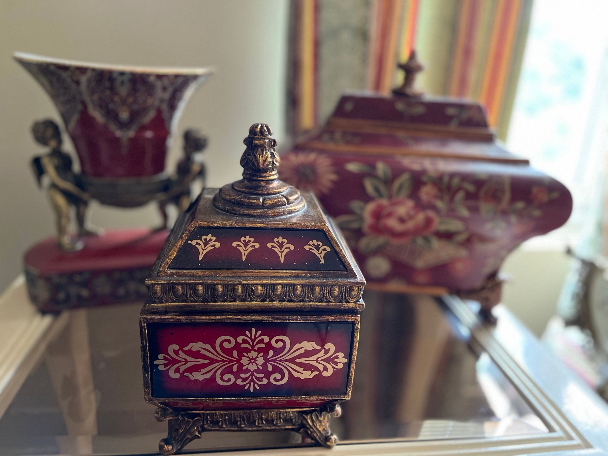 Glass Cherub Urn, Small Square Urn, Rectangle Urn All In Burgundy And ...