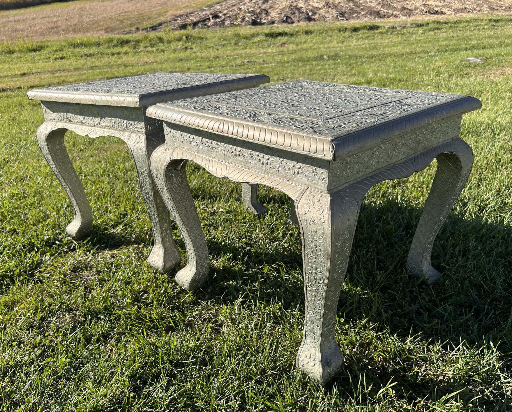 PAIR VINTAGE ANGLO-INDIAN METAL CLAD LOW TABLES #61462 | Auctionninja.com
