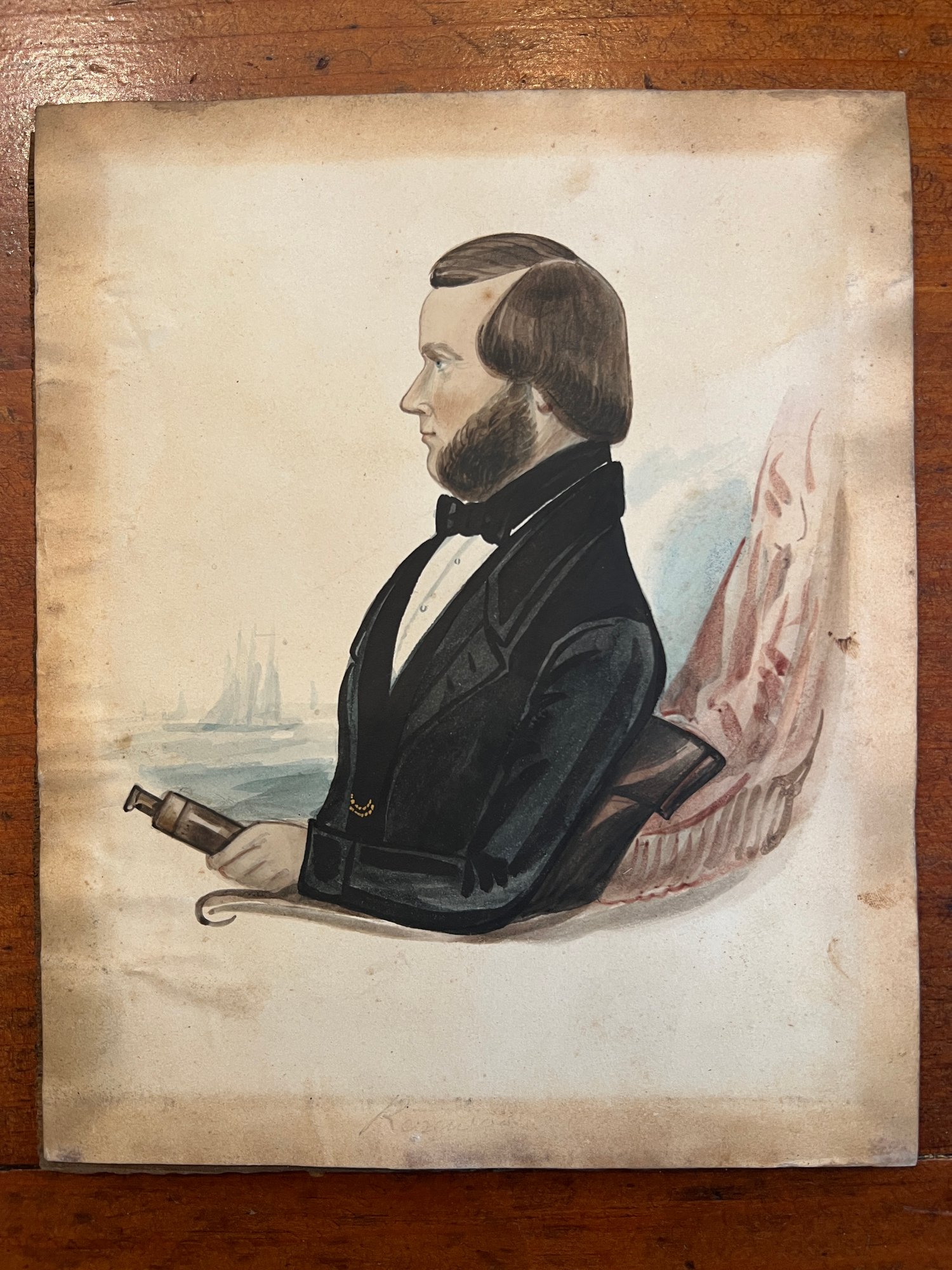 SIGNED (19th C) WATERCOLOR OF A SHIP CAPTAIN IN PROFILE #46682 ...