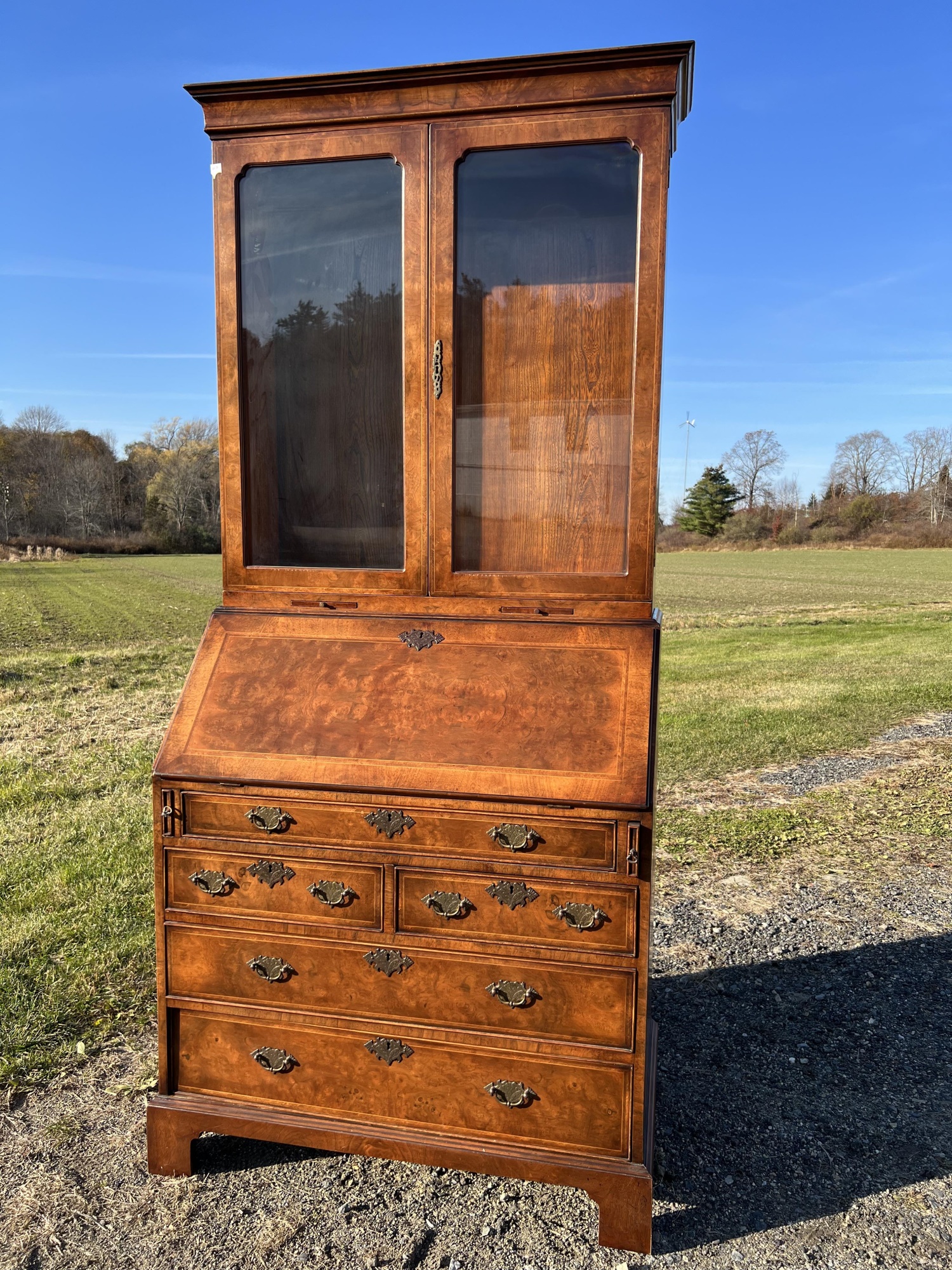 (Early 20th C) ENGLISH QUEEN ANNE STYLE BURL WALNUT SECRETARY DESK ...