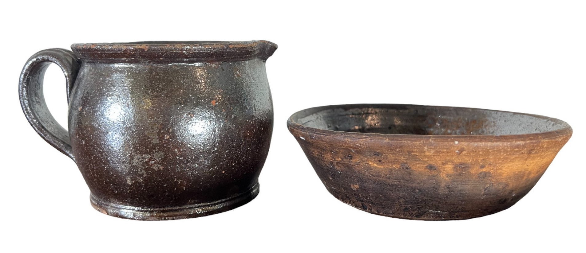 EARLY REDWARE PIPKIN and BOWL in METALLIC GLAZE #45600 | Auctionninja.com