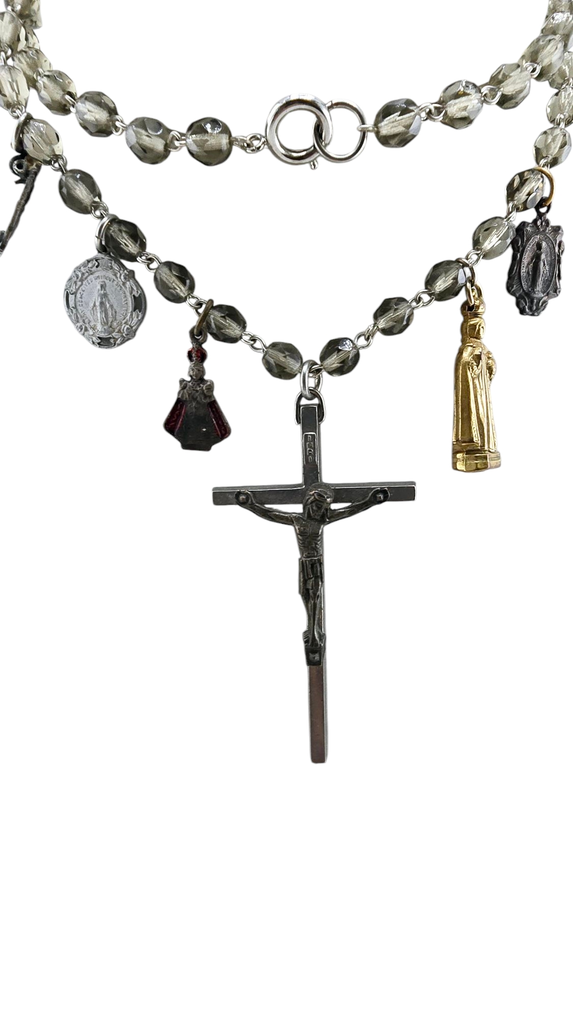 VINTAGE FACETED GLASS ROSARY STYLE CHAIN WITH CROSS AND RELIGIOUS CHARM ...