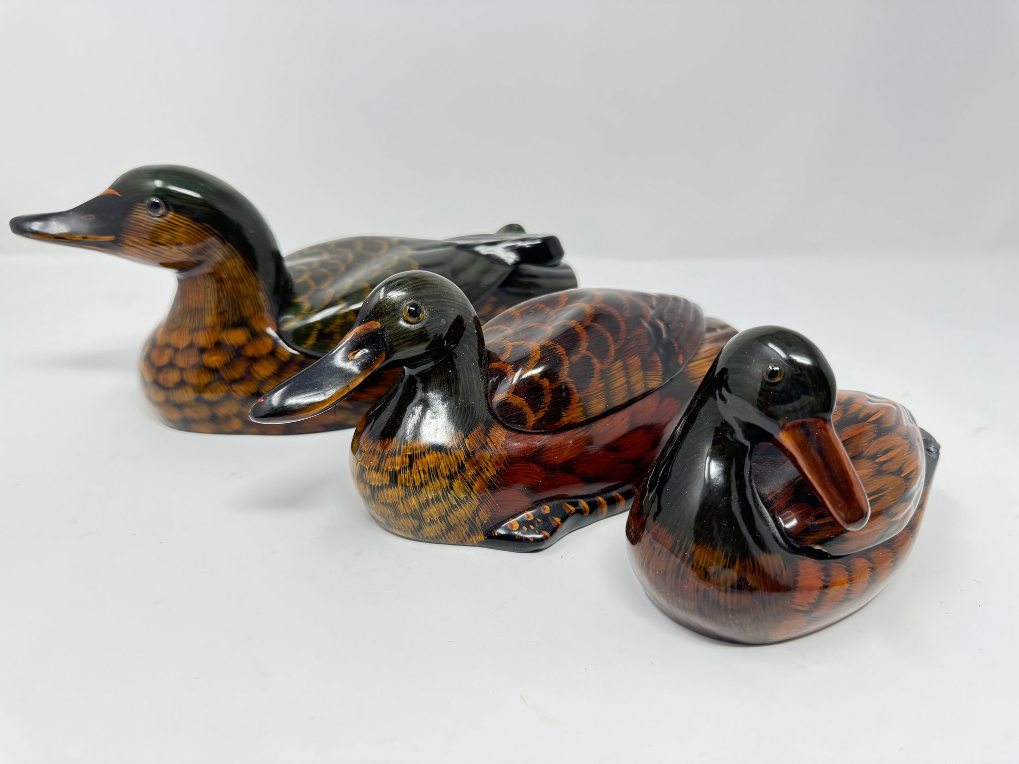 Trio Of Asian Crafted Lacquered Duck Trinket Boxes - Please See All ...