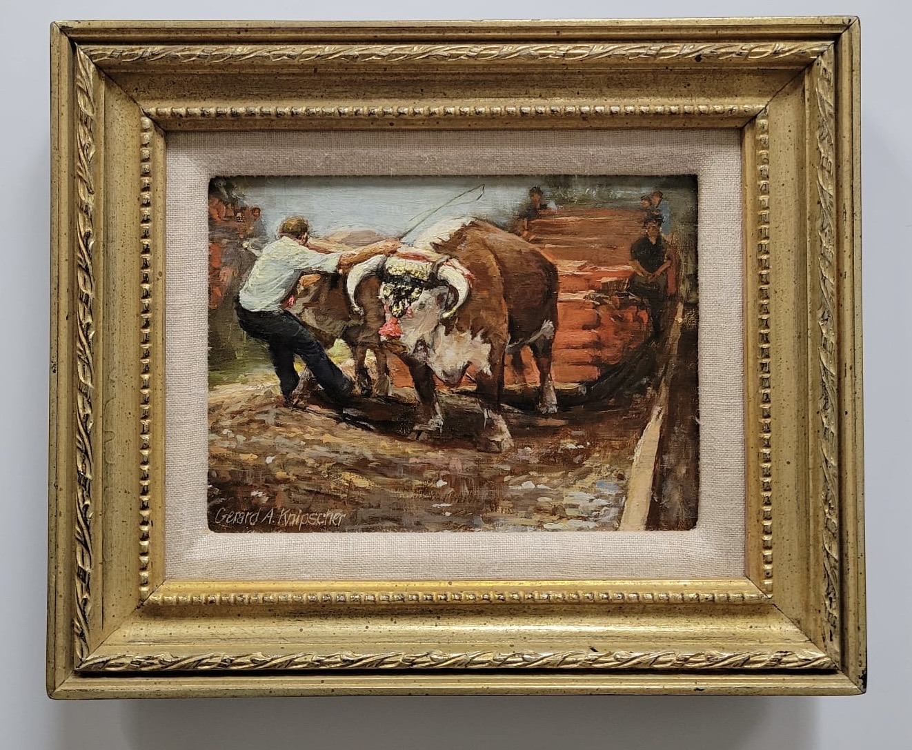 Original Oil On Canvas By Gerard Allen Knipscher Of Man And 2 Cows ...