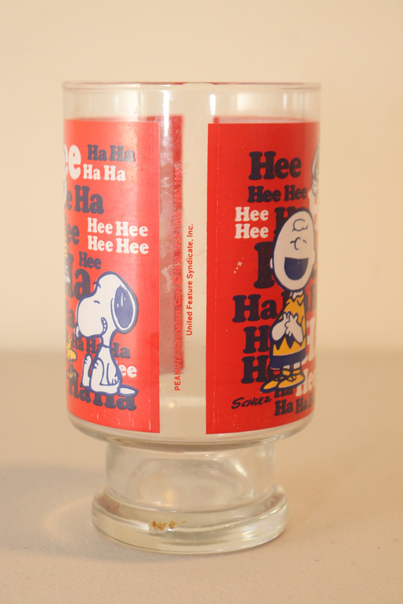 VINTAGE 1965 Peanuts Snoopy Charlie Brown Drinking Glass HAHA HEE HEE ...