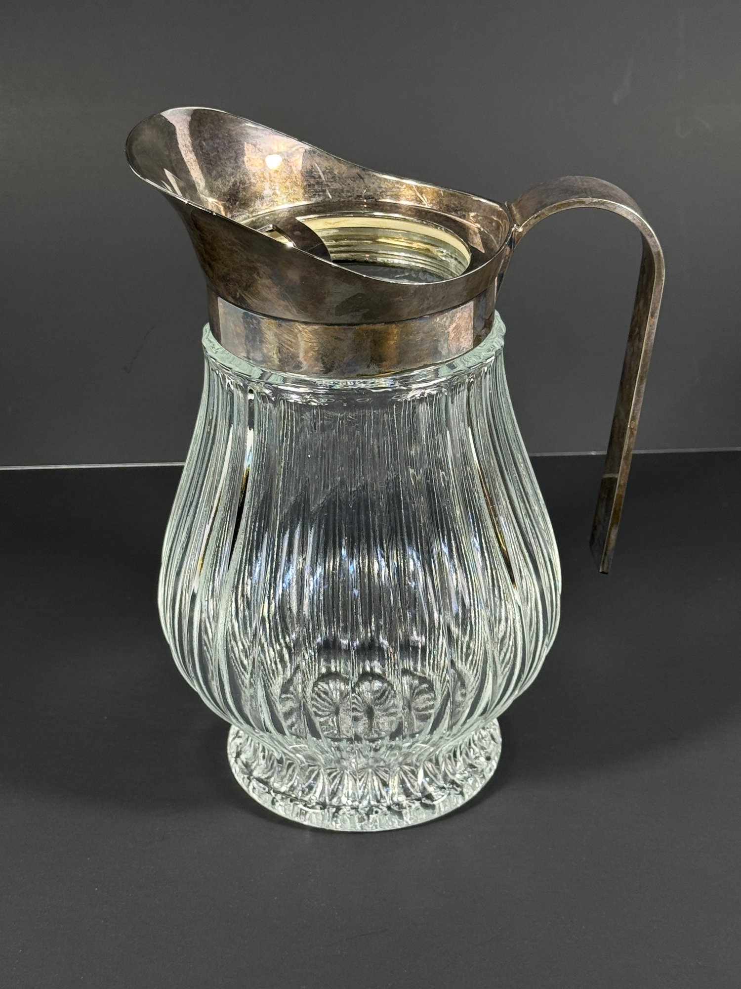 Vintage Clear Glass Ribbed Pitcher With Silver Plated Rim #1357 ...