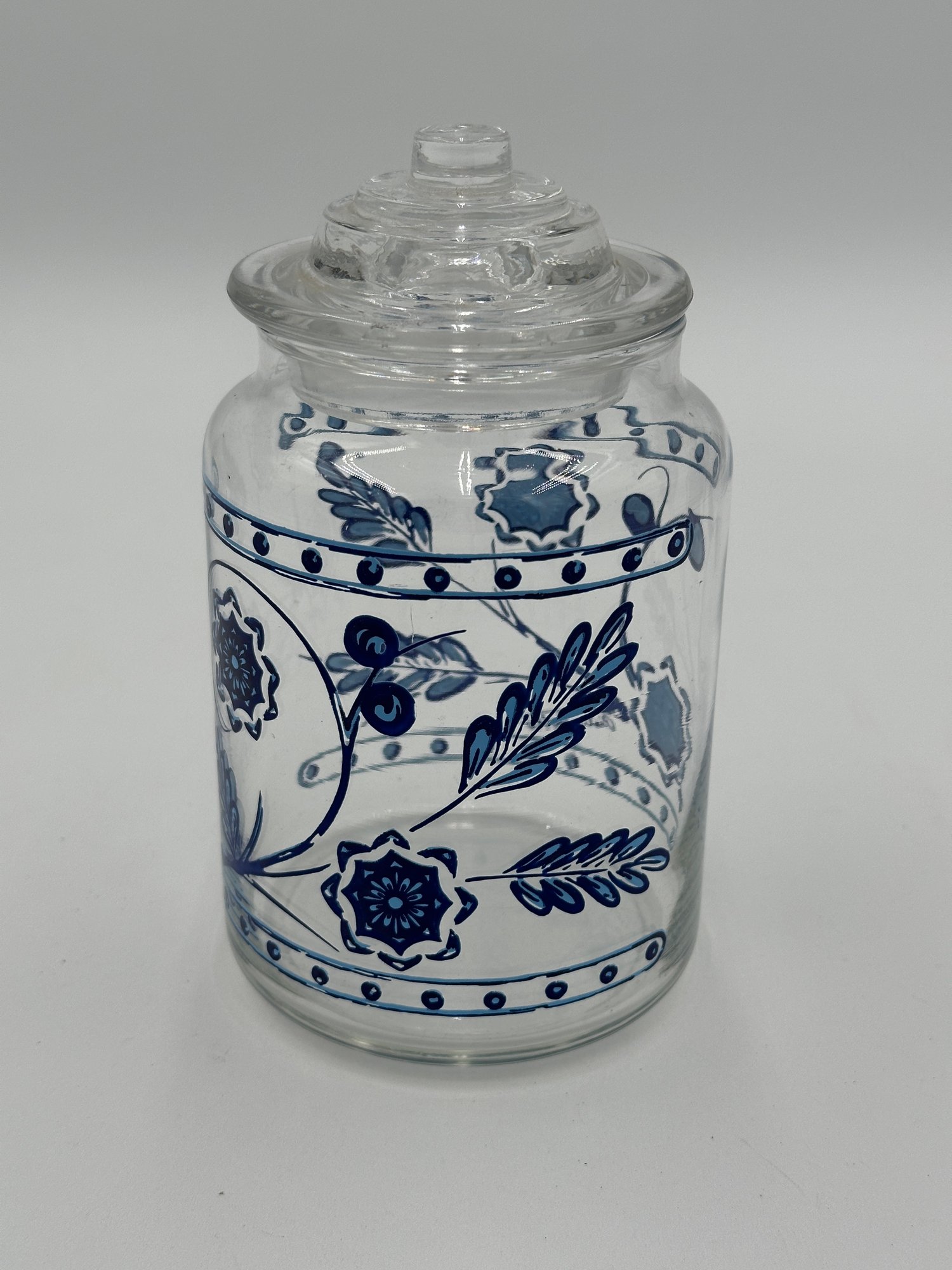 Pietro Gobeo Clear Glass Lidded Jar With Blue Floral Design #1301 ...