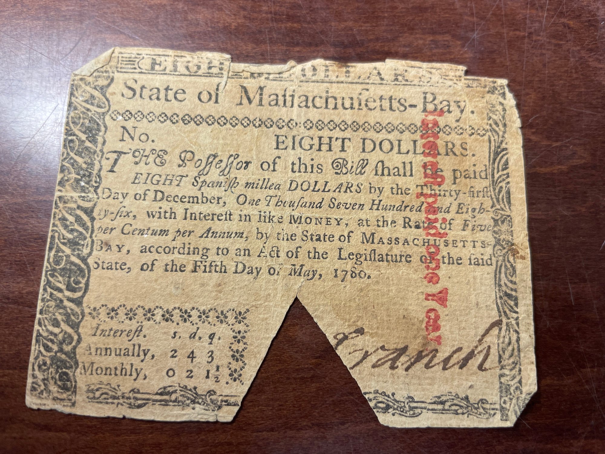 1780 $8 NOTE MASSACHUSETTS-BAY COLONY - COLONIAL CURRENCY #4154 ...