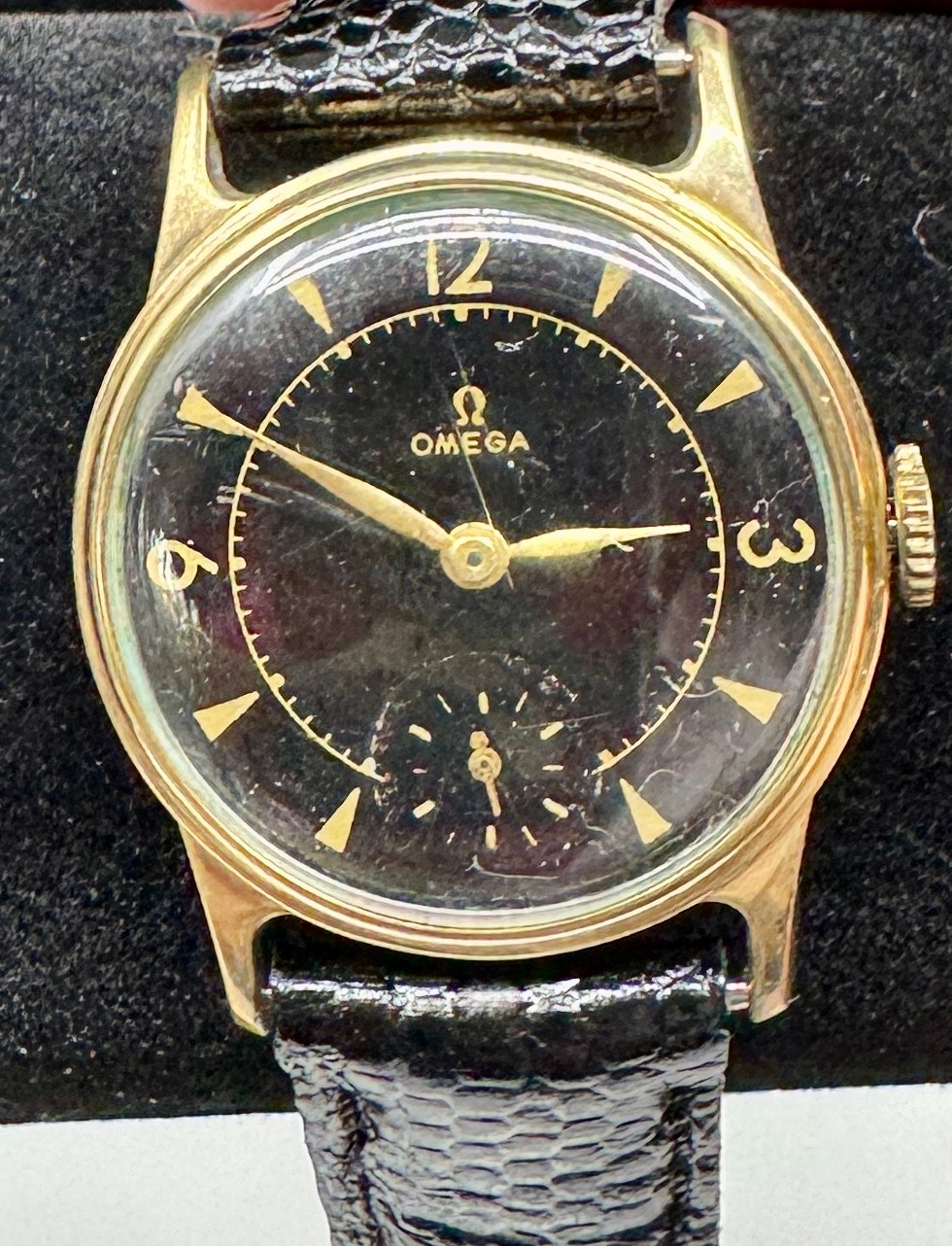 Vintage Gold Filled Omega Military Style Watch: Black Gilt Dial, 30mm ...