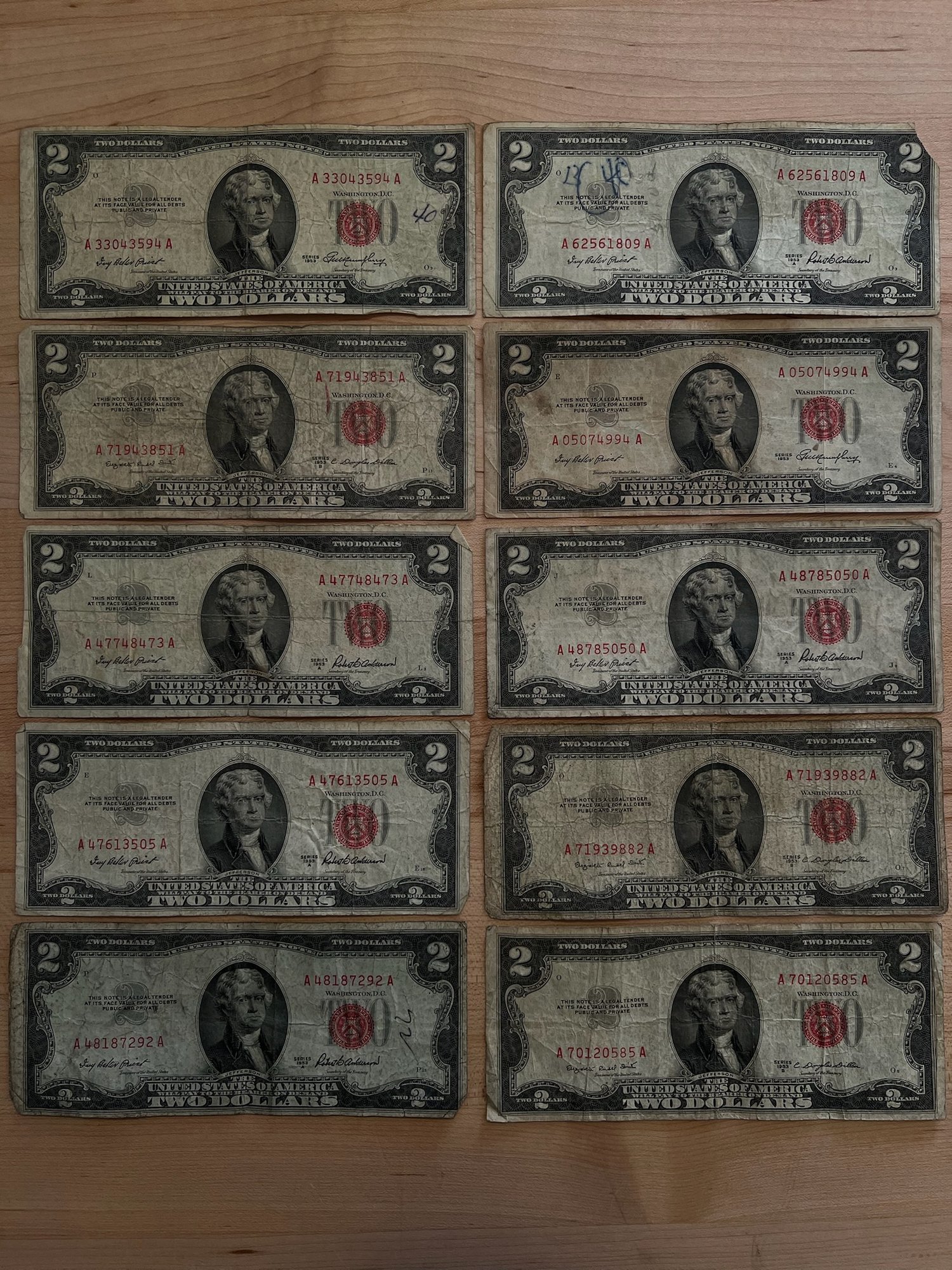 $20 Face Value Lot Of $2 1953 Red Seal Notes - Mixed Conditions #18852 ...