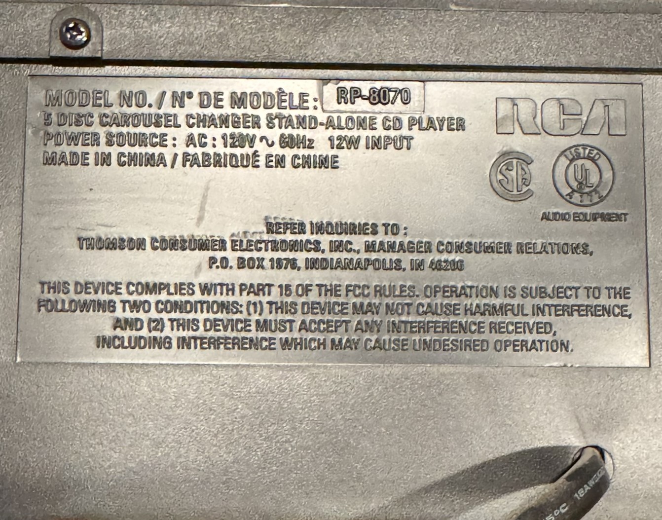 RCA Model RP-8070 5 Disc Changer CD Player - (BT) #38894 | Auctionninja.com