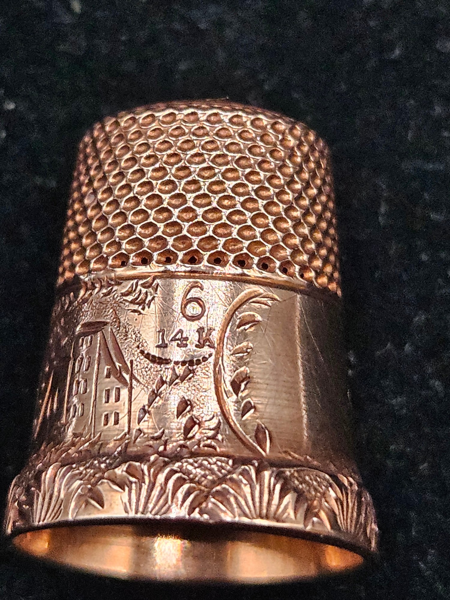 14k Yellow Gold Sz 6 Sewing Thimble - Etched House, Church, Village 3.5 ...