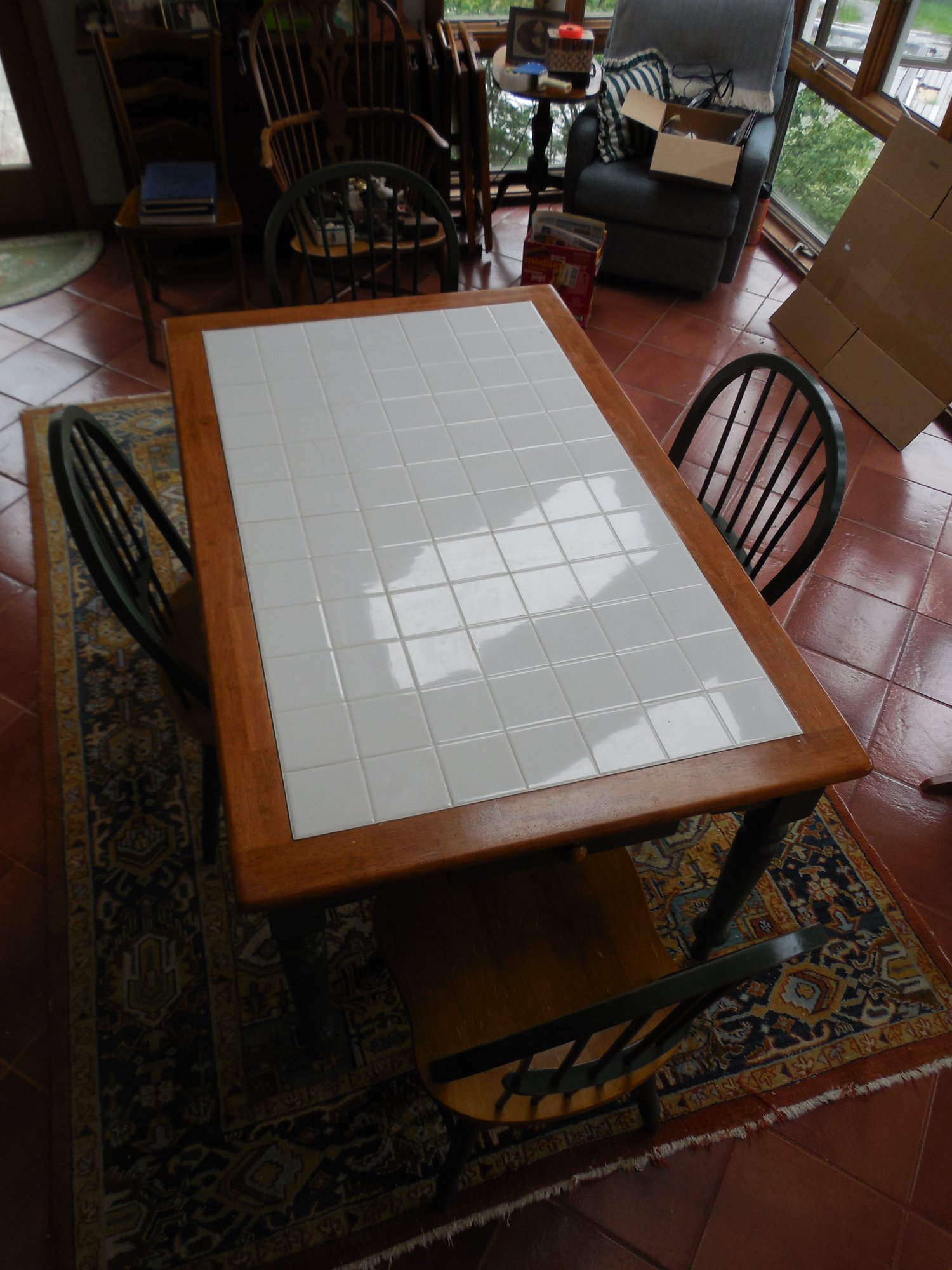 Country Dining Table With Tile Top And 4 Wooden Matching Chairs. 37 X ...