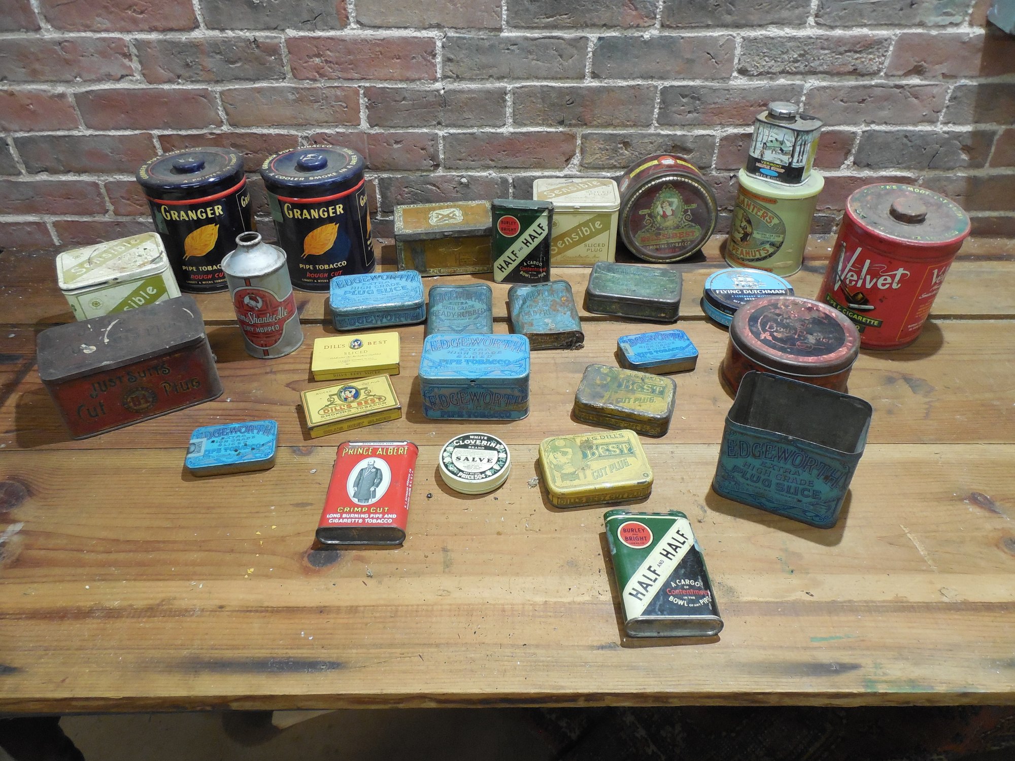 Lot Of Vintage Lidded Tin Containers, Mostly Tobacco Tins & A Cone Top ...