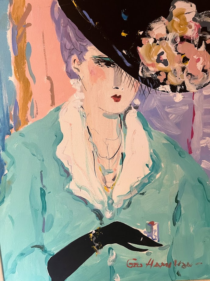Geo Hamilton Colorful 1950's Lady Portrait With Hat Painting Turquoise ...