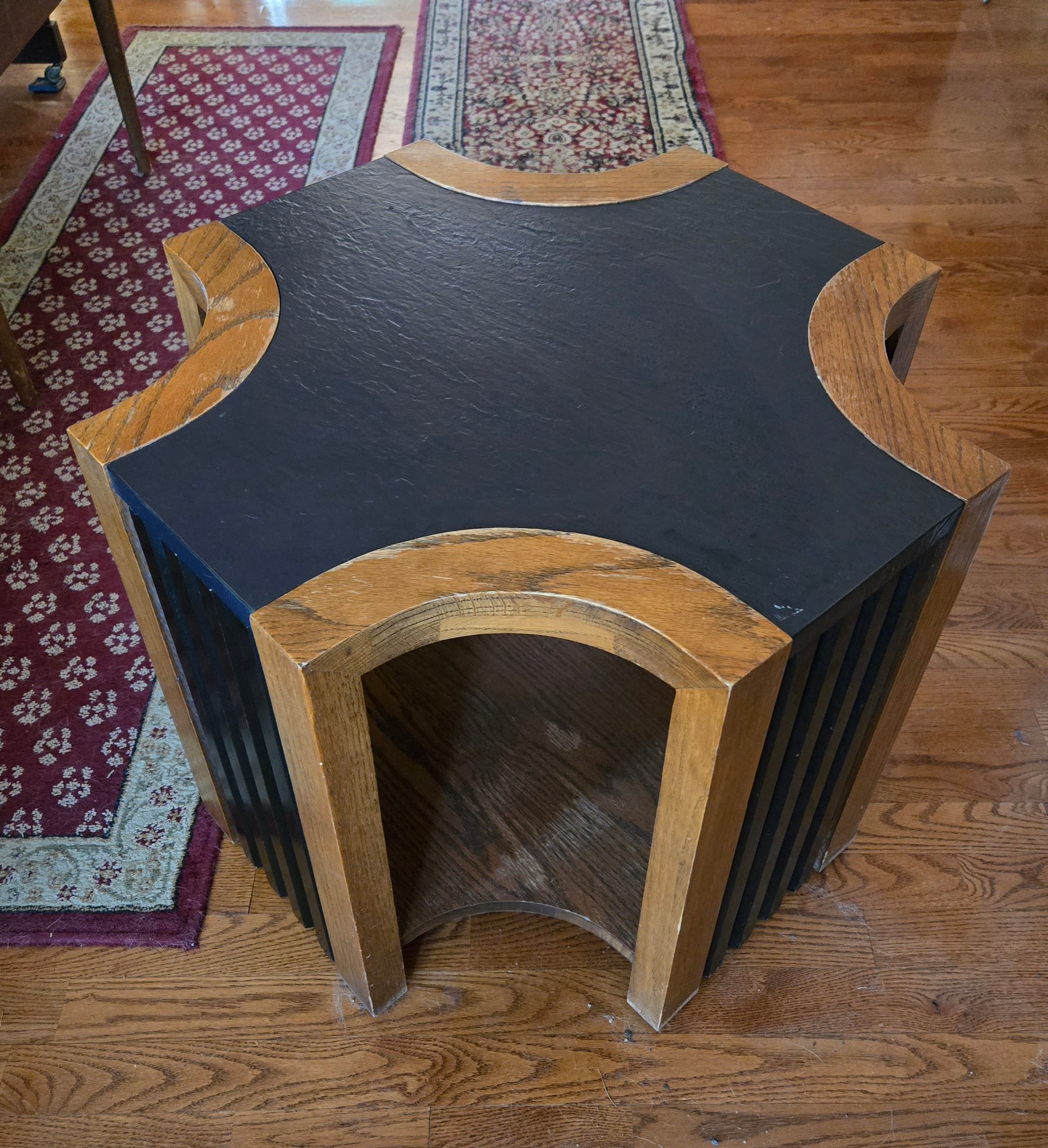 Wood And Black Laqur Round End Table 1980 #5329 | Auctionninja.com